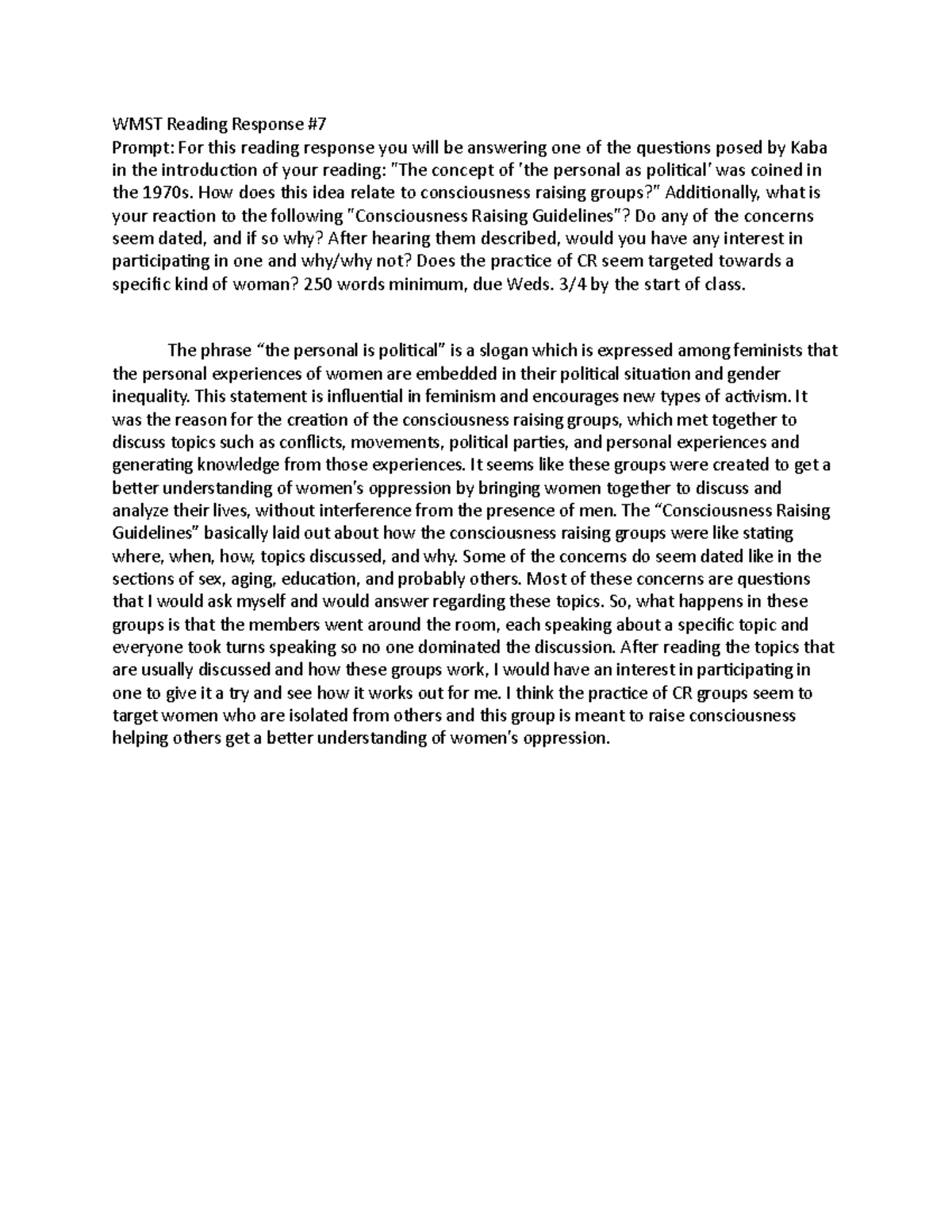 WMST reading response #7 - WMST Reading Response # Prompt: For this ...