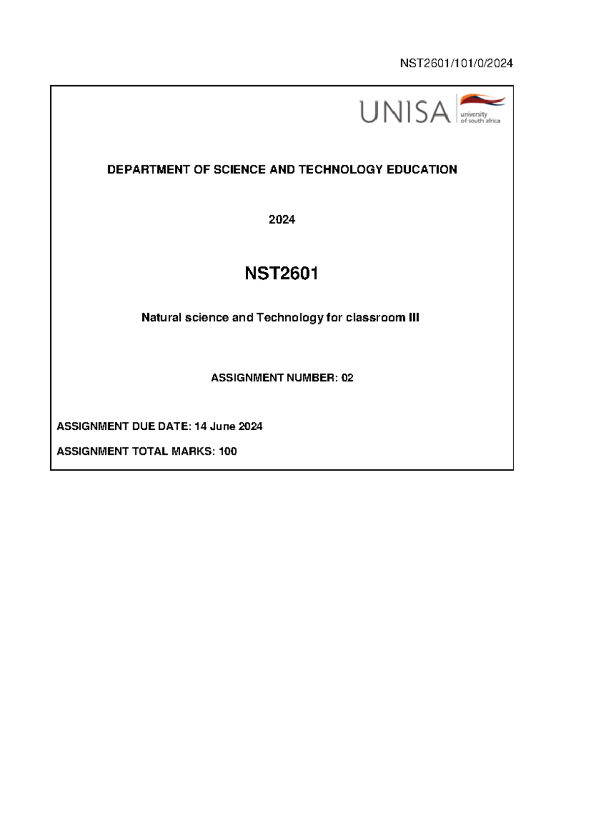 NST2601 Assignment 02 OF TUT Letter 101 2024 - NST2601/101/0 ...