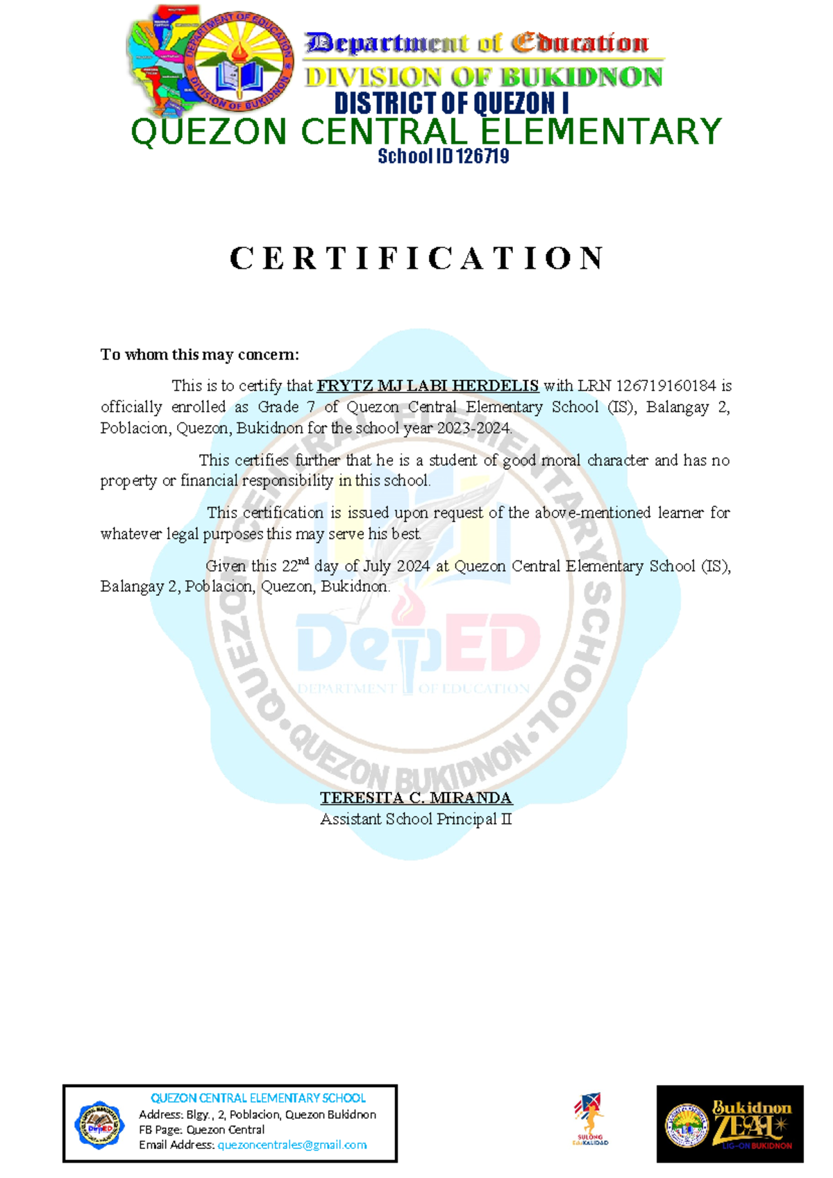 GOOD- Moral - letter - QUEZON CENTRAL ELEMENTARY DISTRICT OF QUEZON I ...