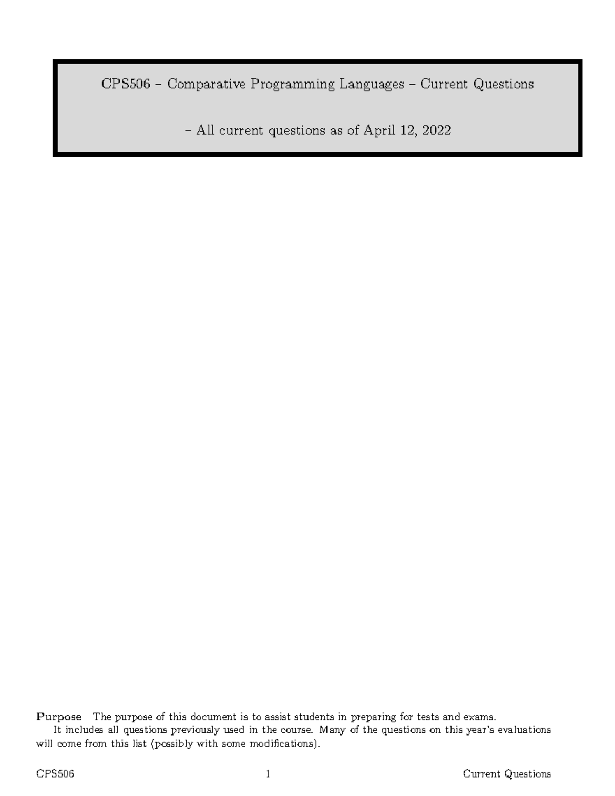Current Questions - N/A - CPS506 – Comparative Programming Languages ...