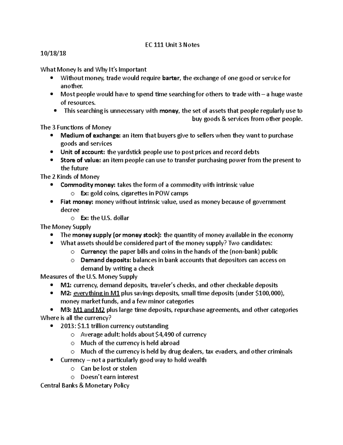 EC 111 Unit 3 Notes - 10/18/18 EC 111 Unit 3 Notes What Money Is and ...