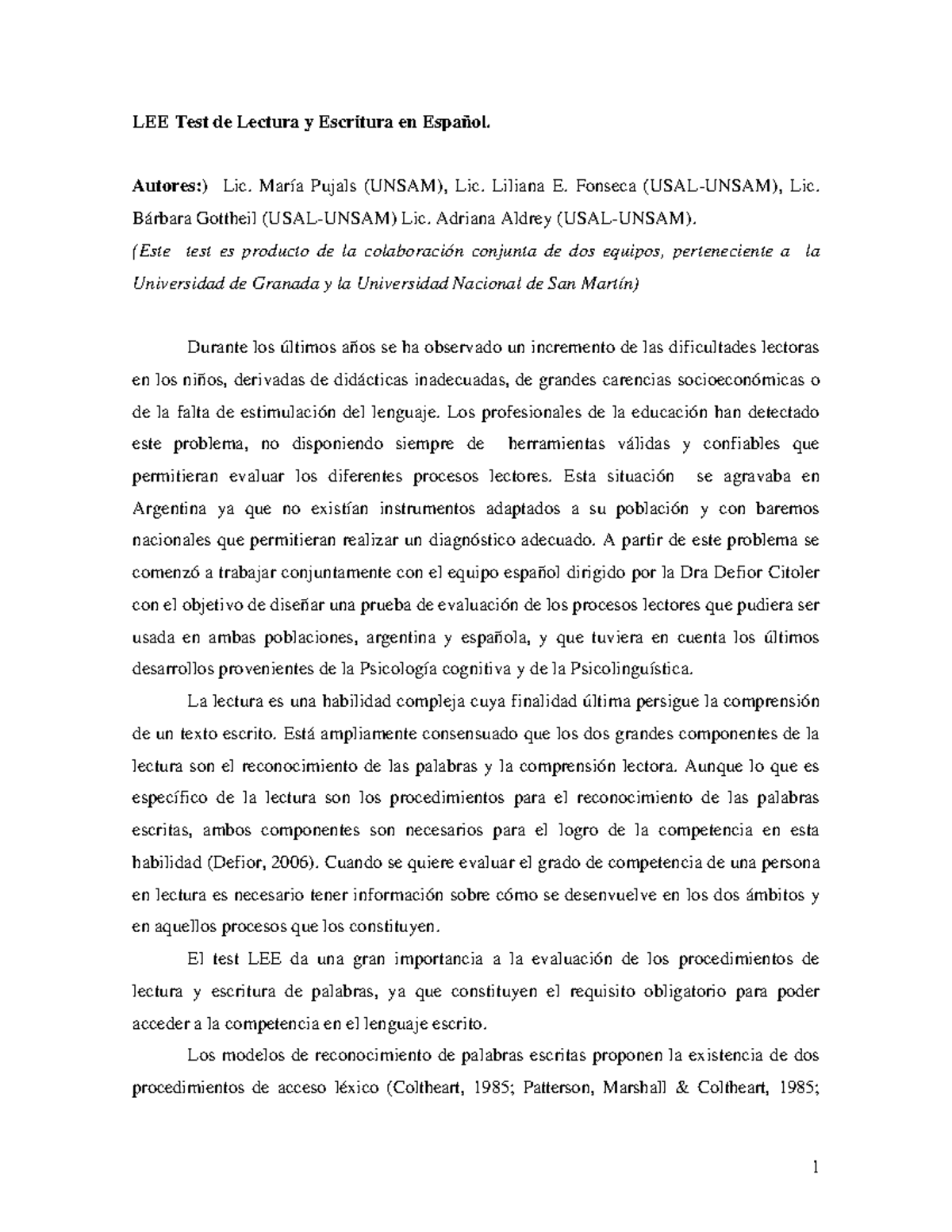 LEE Test de Lectura y Escritura en Espan - Autores:) Lic. María Pujals ...