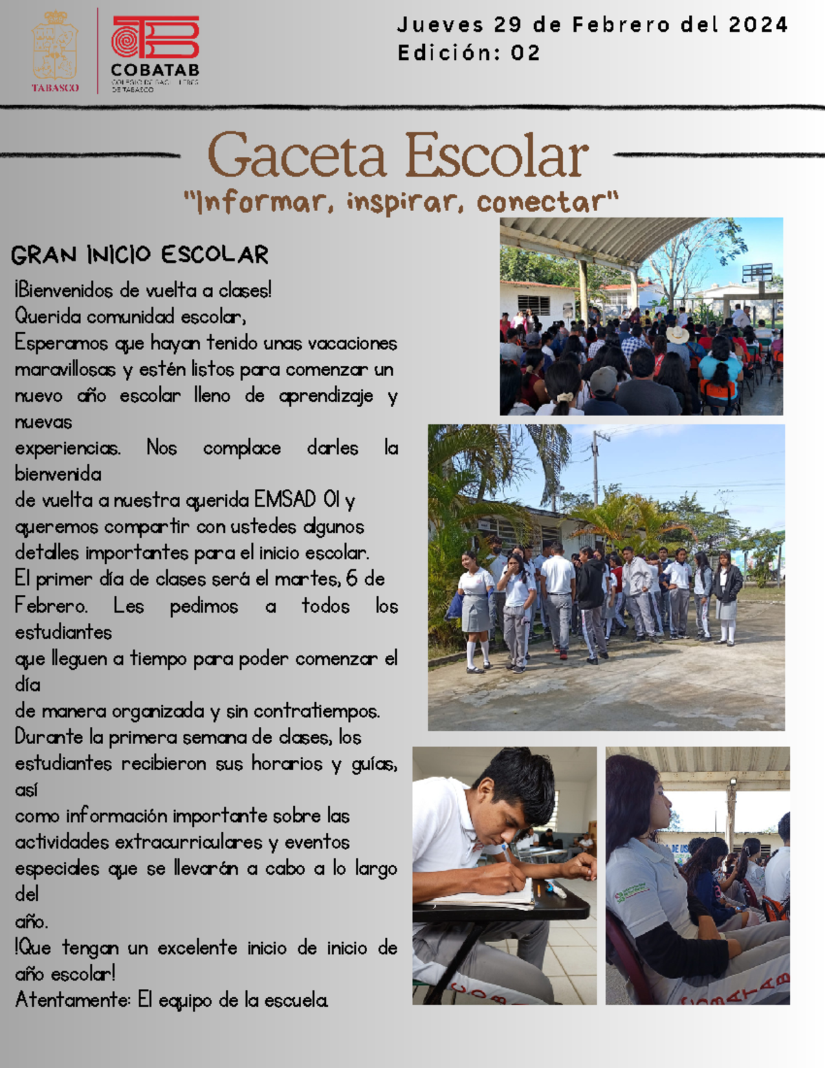 Gaceta - Tarea - Gaceta Escolar "Informar, inspirar, conectar" J u e v ...