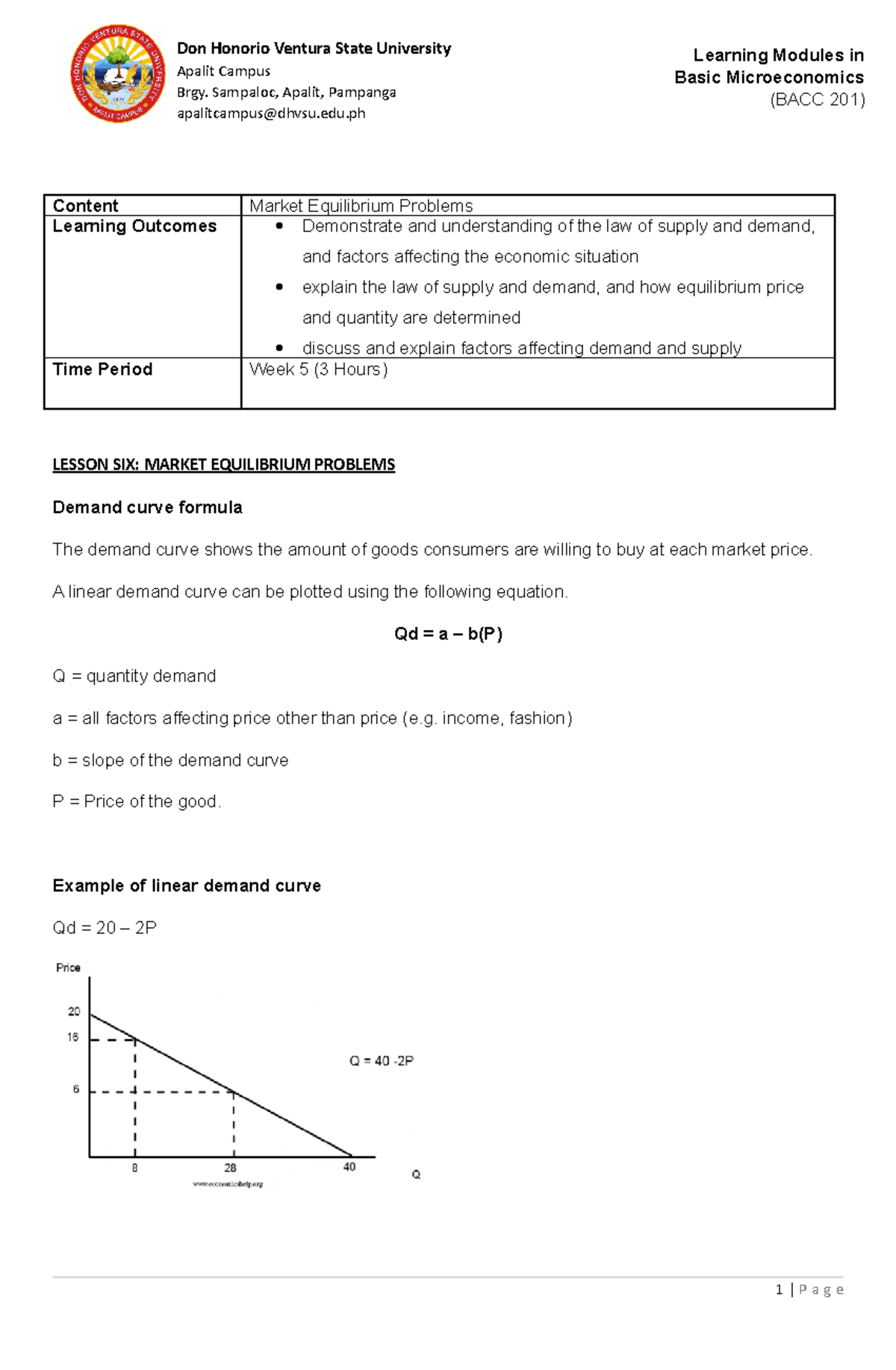 Learning Module 5 - Content Learning Outcomes Market Equilibrium ...