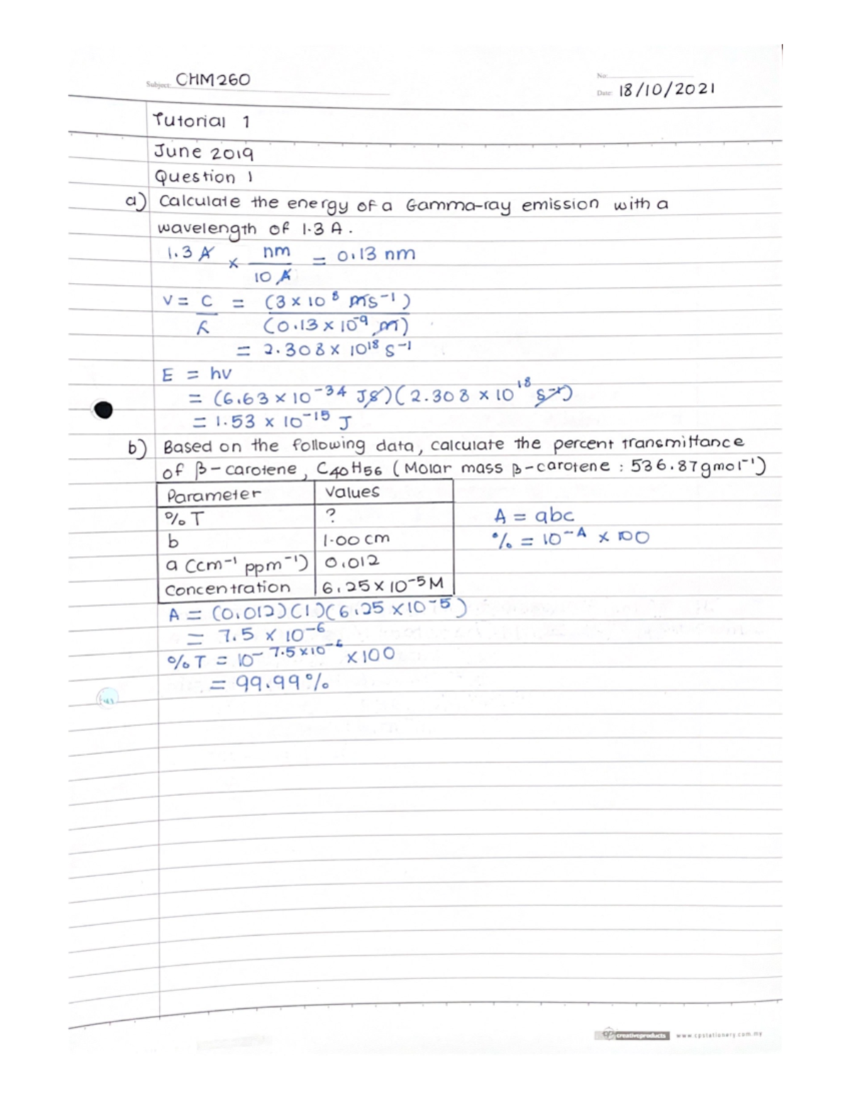 CHM260 Tutorial 1 Past Year Question June 2018 and March 2017 - Diploma in Science - Studocu