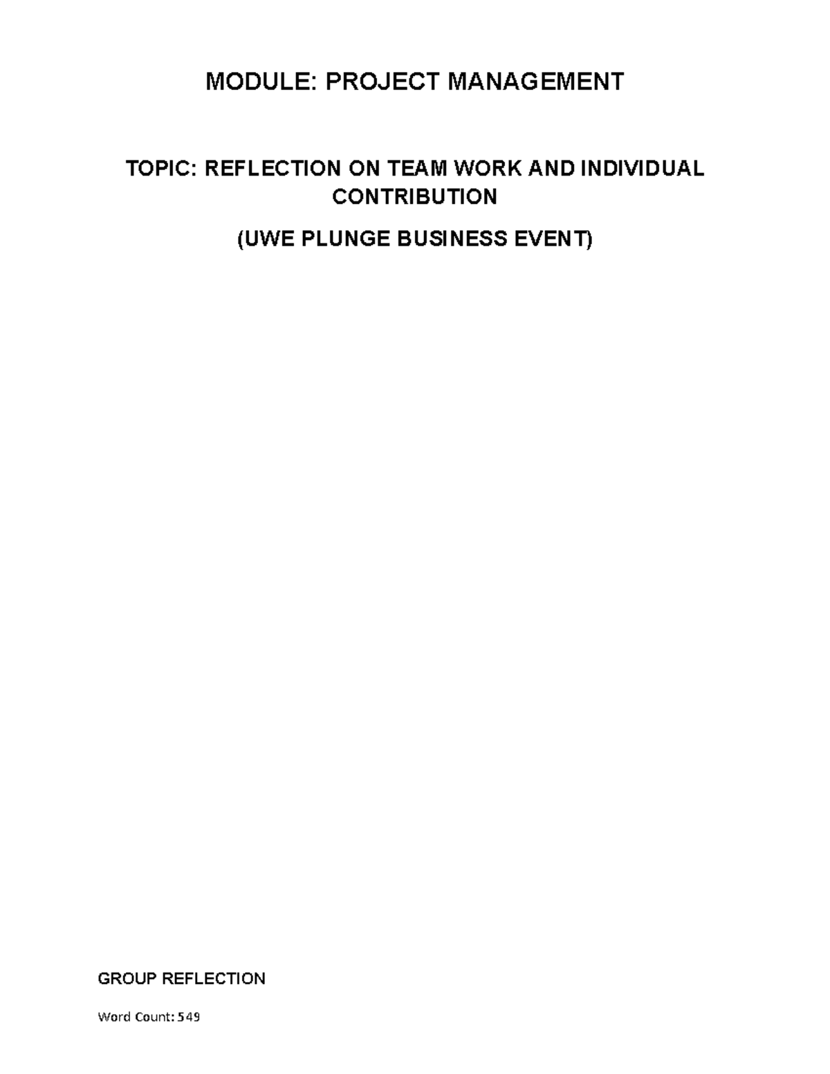 Individual Self-Reflection - MODULE: PROJECT MANAGEMENT TOPIC ...