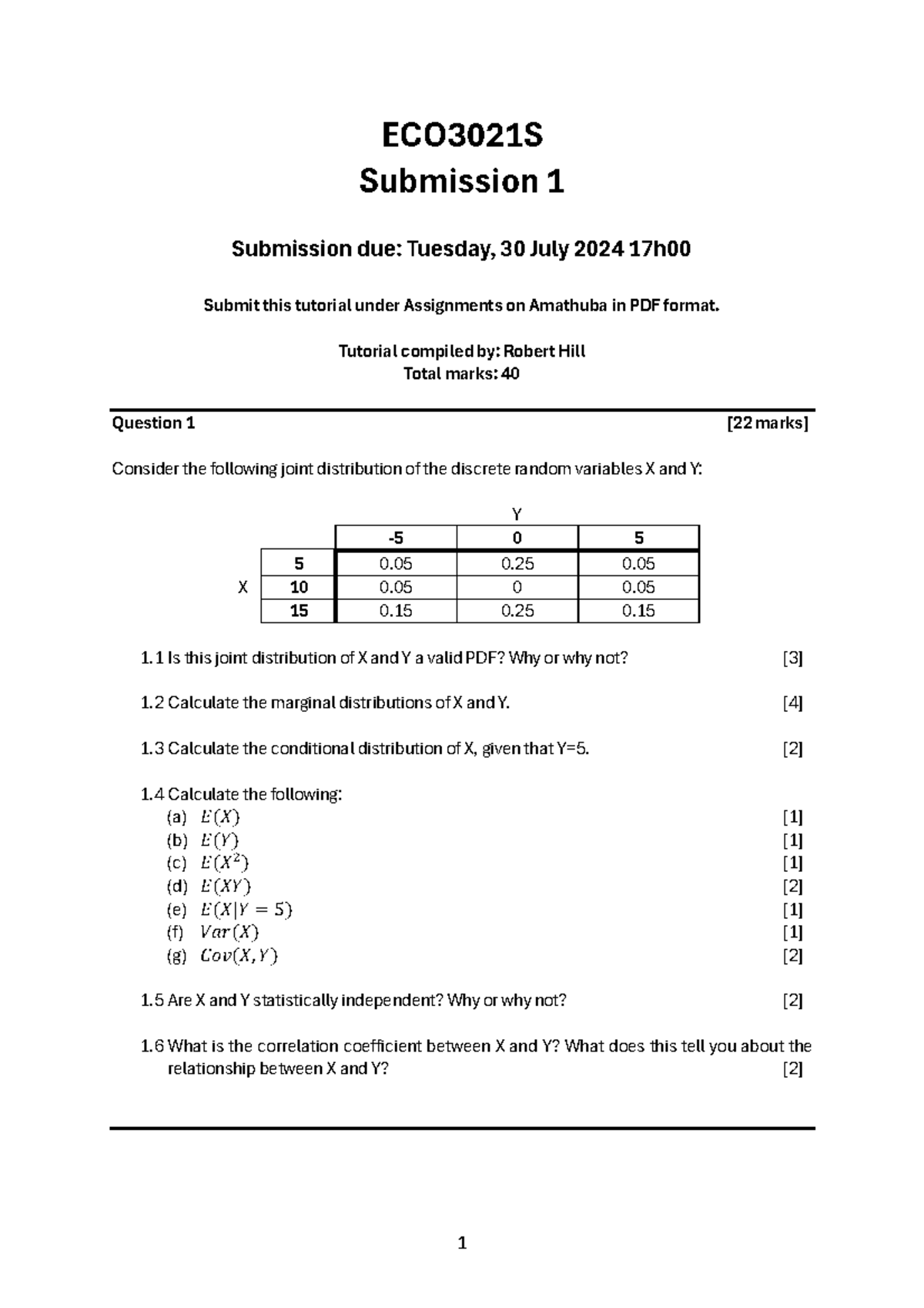 Submission 1 - 1 ECO3021S Submission 1 Submission due: Tuesday, 30 July ...