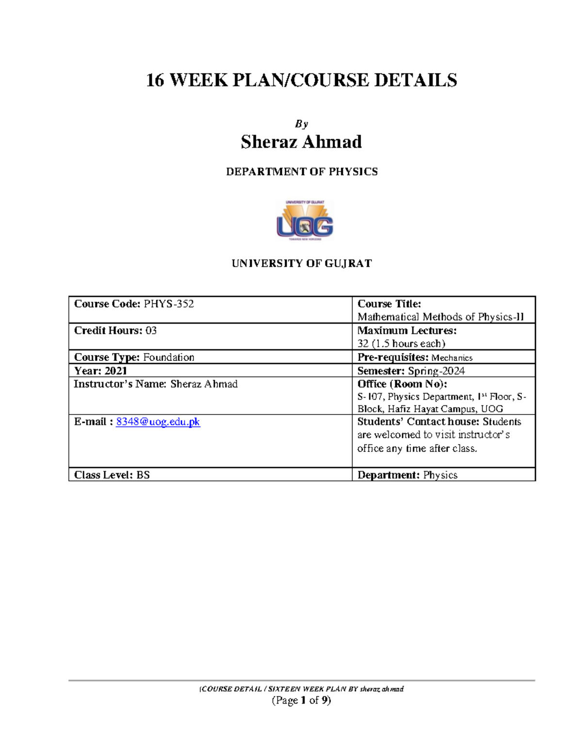 1.2. 16 week plan Mathematical methods of physica-II (PHYS-352 ...