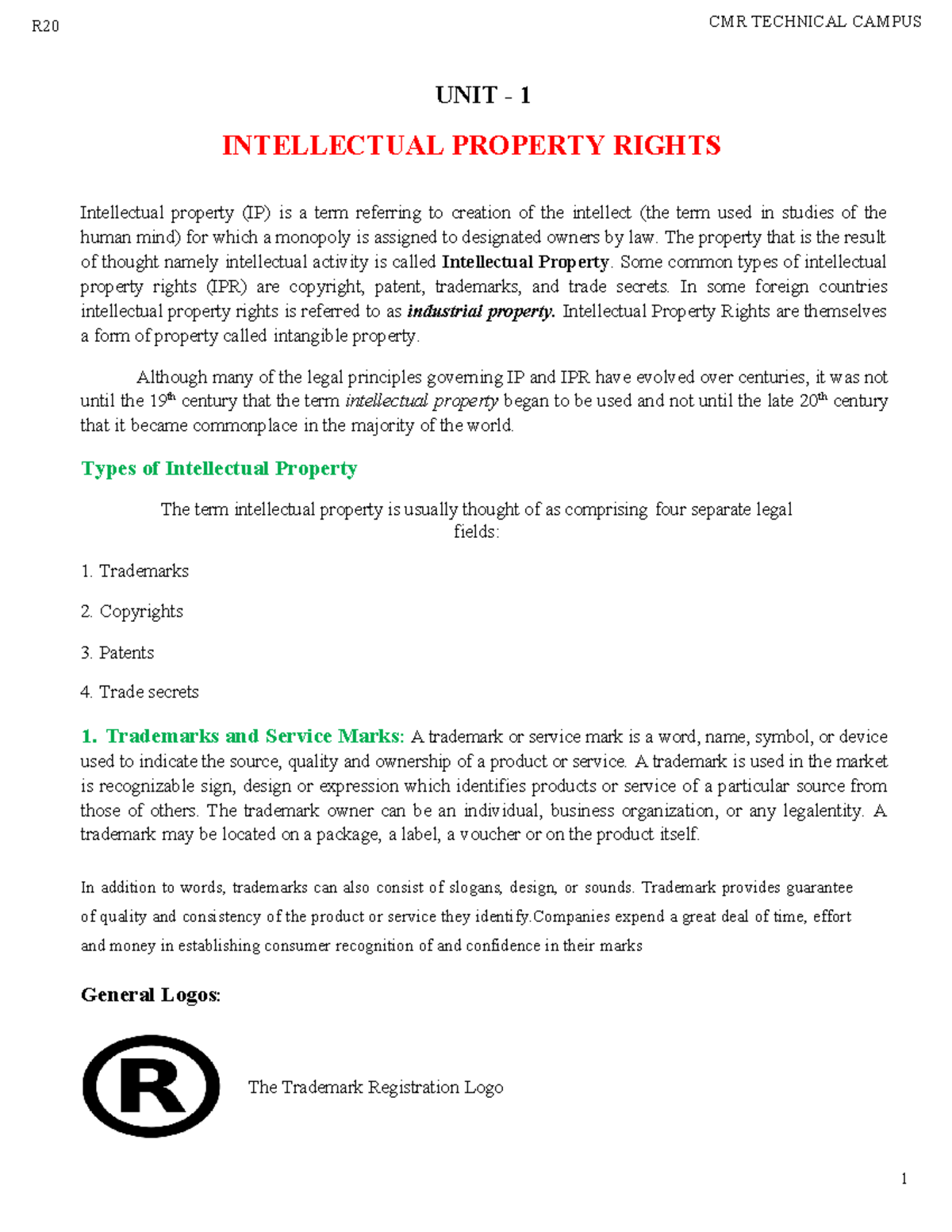 IPR Lecture Notes - 1 UNIT - 1 INTELLECTUAL PROPERTY RIGHTS ...