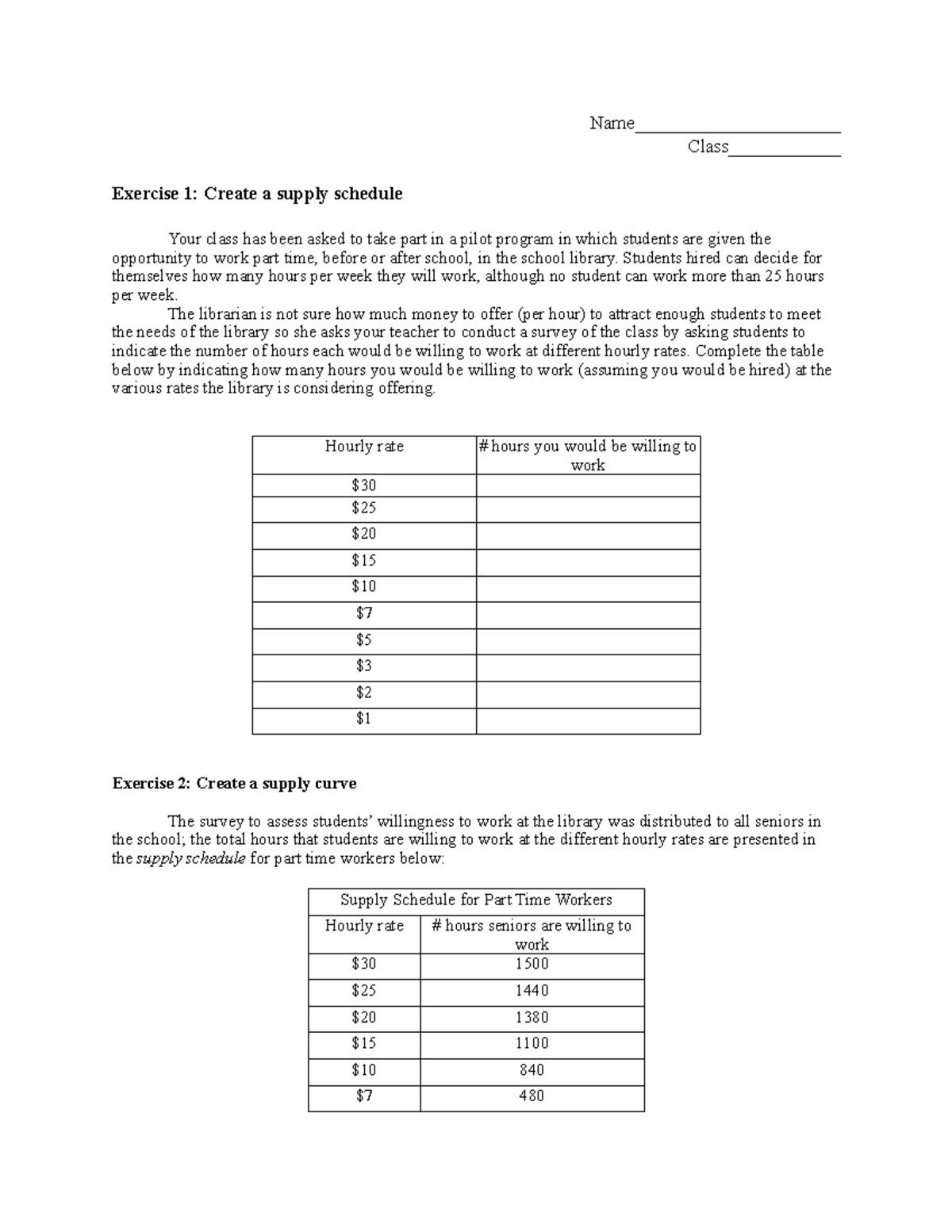 Supply worksheet with determinants - Name______________________ Class____________ Exercise 1 ...