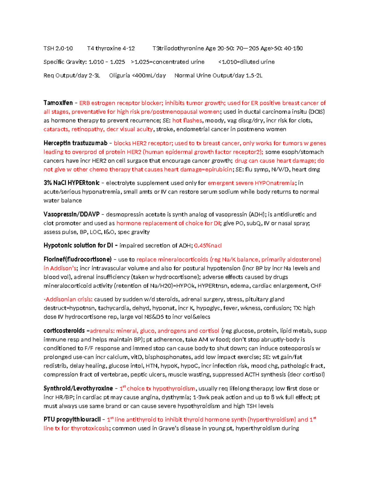 Exam 3 Notes & notecard must haves - TSH 2-10 T4 thyroxine 4-12 ...