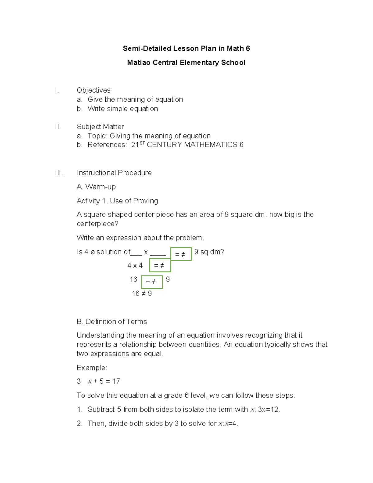 7th-lesson-Plan Template - Semi-Detailed Lesson Plan in Math 6 Matiao ...