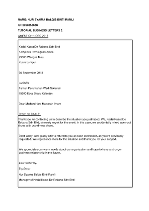 MGT269 Letter of Declining Order - Business Communication - UiTM - Studocu