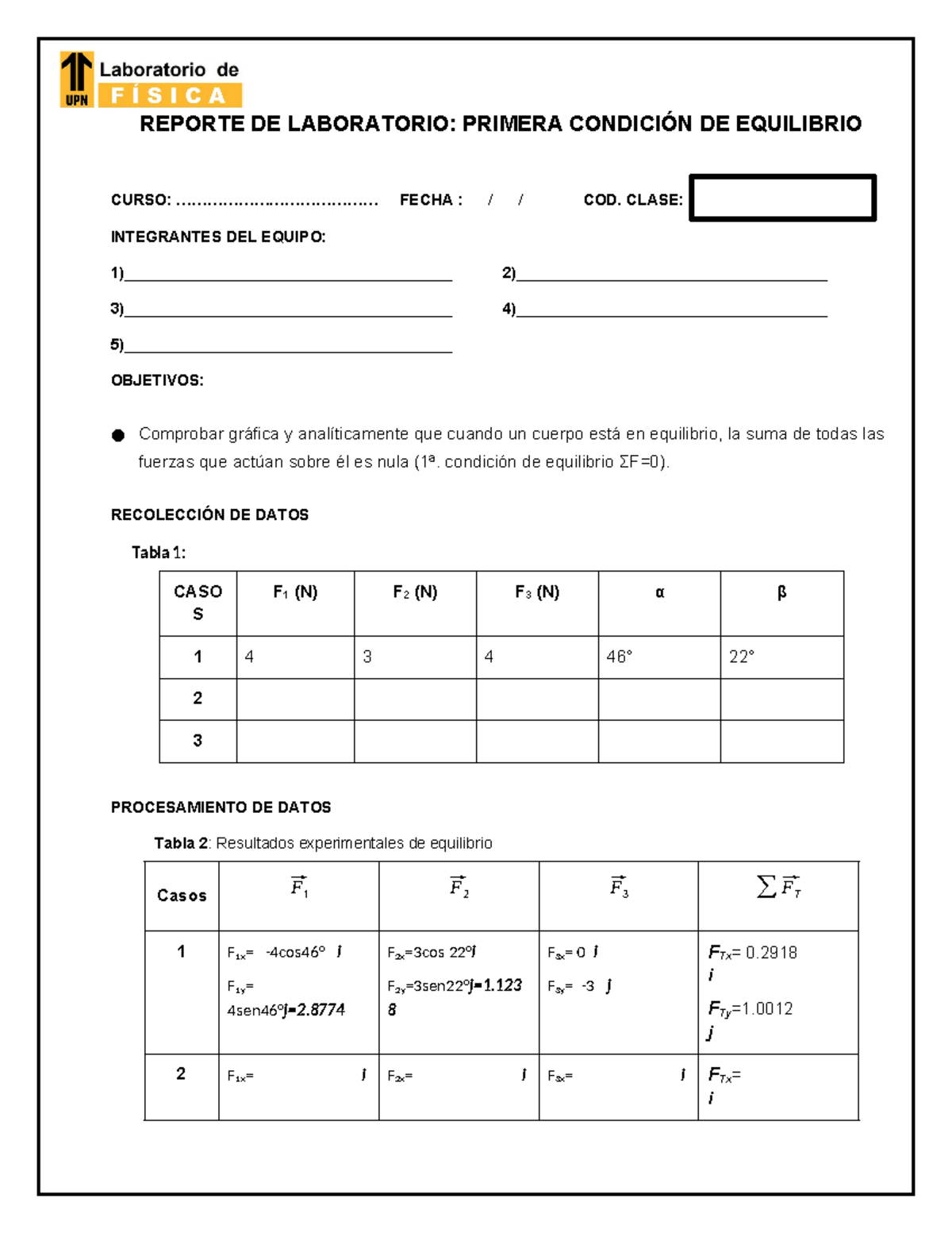 Reporte LAB Fisiarq S05 1CE 2024 - REPORTE DE LABORATORIO: PRIMERA CONDICIÓN DE EQUILIBRIO CURSO ...