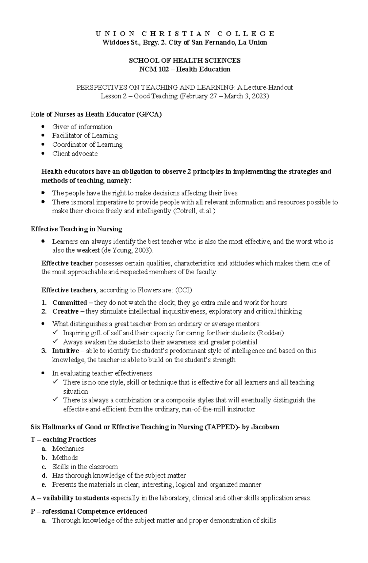 NCM 102 Health Educ Lec Handout Midterm Wk - U N I O N C H R I S T I A ...