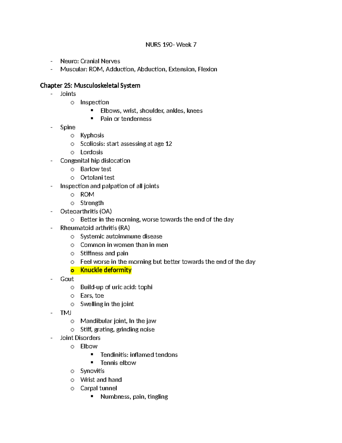 NURS 190 Week 7 - Weekly Notes - NURS 190- Week 7 Neuro: Cranial Nerves ...