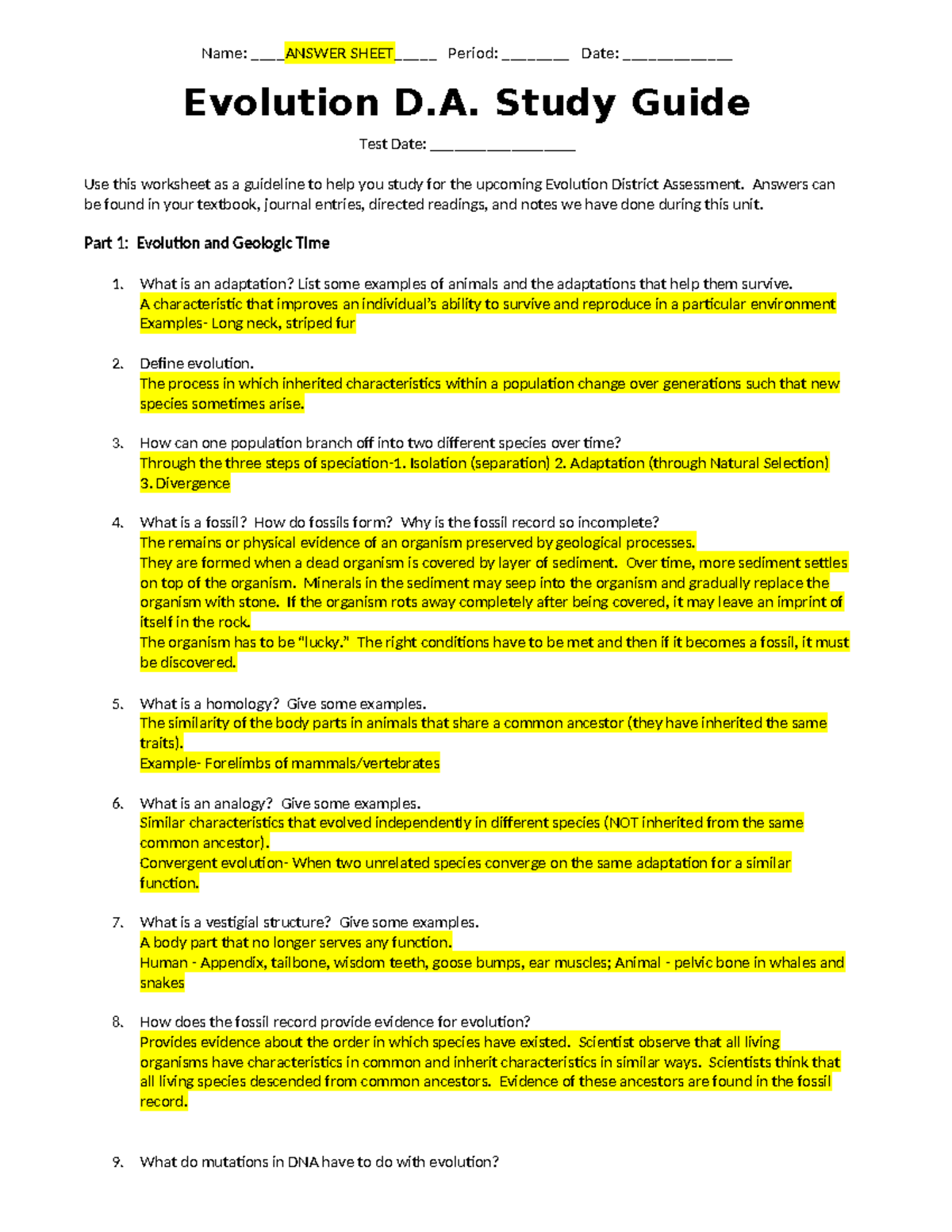 Evolution study guide key - Name: ANSWER SHEET_ Period: ________ Date: _____________ Evolution D ...