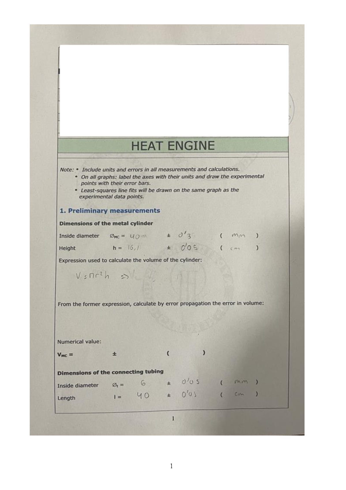 Laboratory forms. Physics I - Physics Department Thermodynamics ...