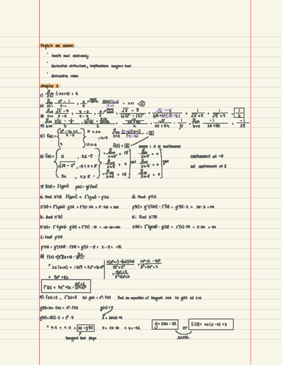 Exam 1 Review - topics on exam ° limits and continuity 0 derivative ...
