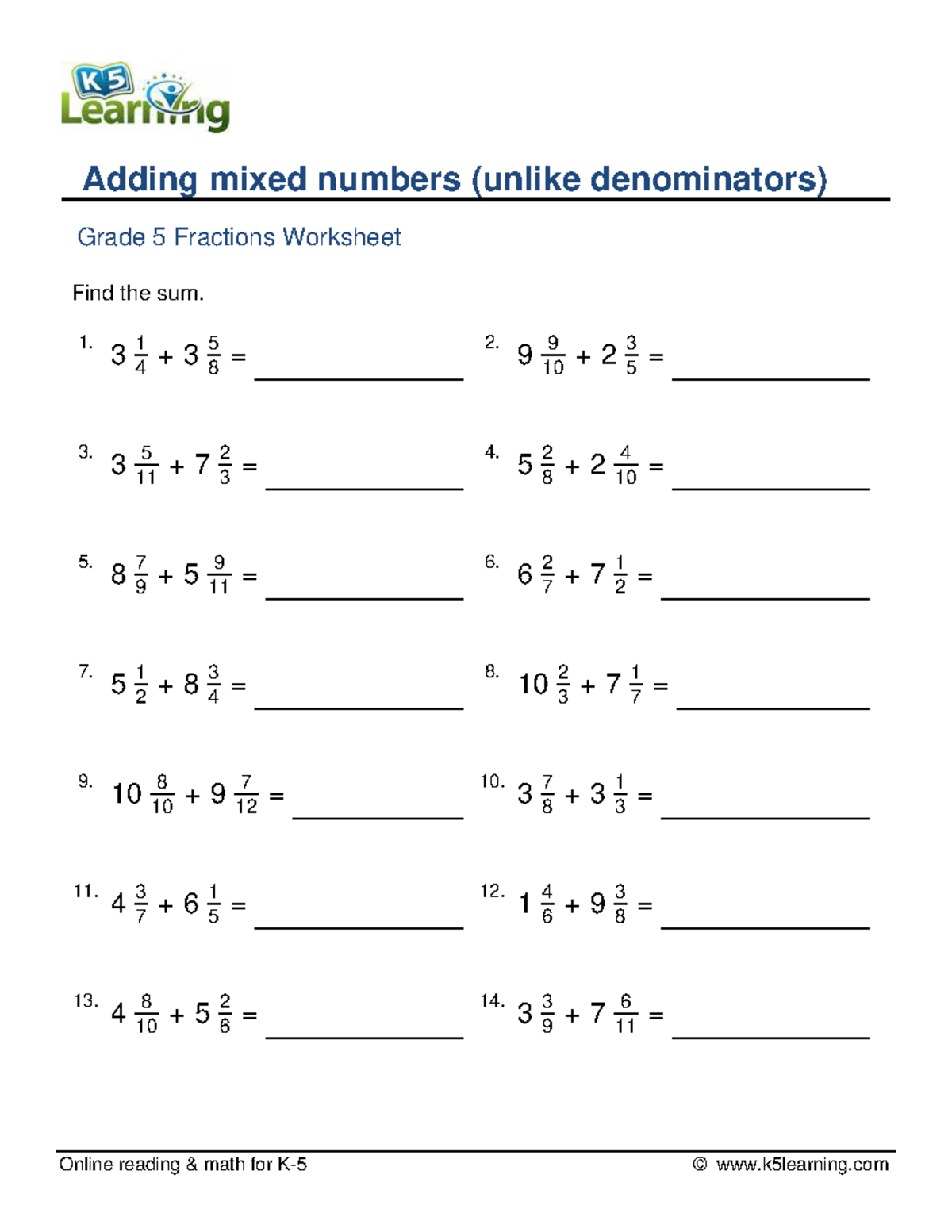 Grade 5 adding mixed numbers unlike a - Online reading & math for K-5 ...