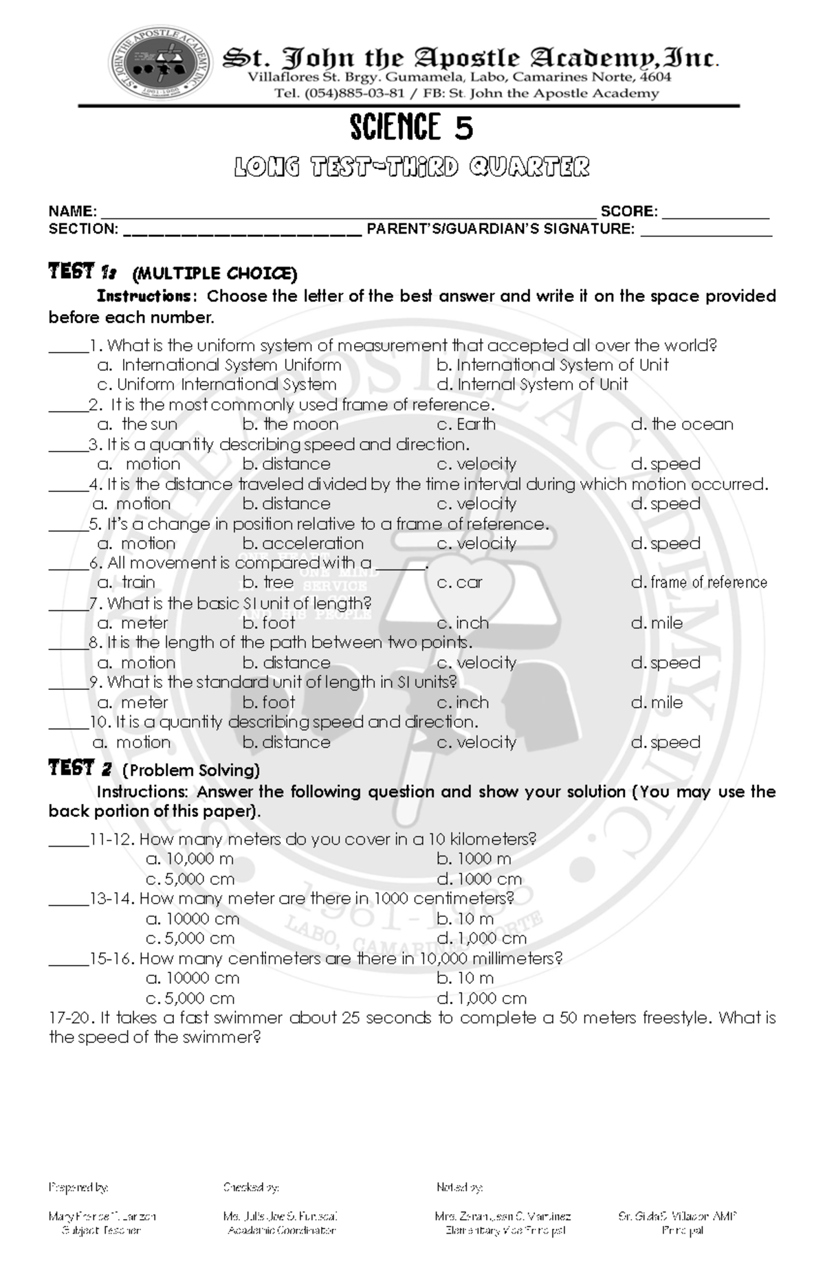 Quarter three Science 5 for the students - 5 LONG TEST-third quarter ...