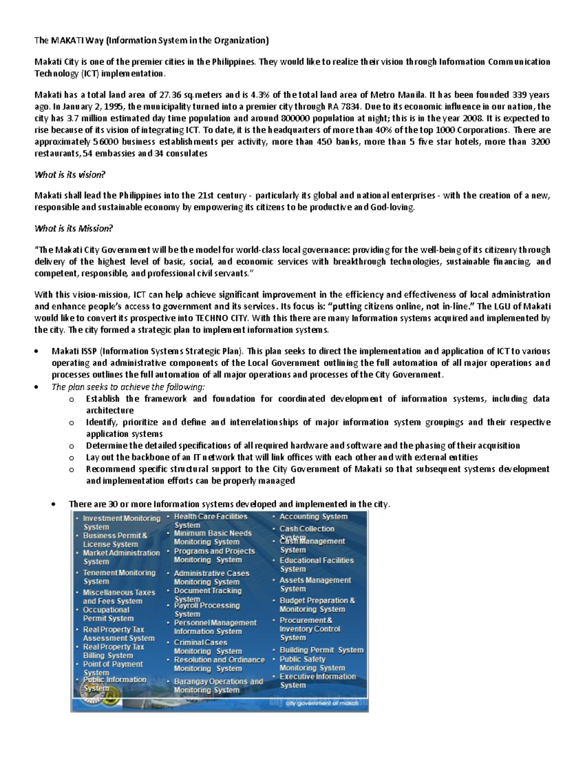 MIS Lesson 5 Case Problem The Makati Way - The MAKATI Way (Information System in the ...