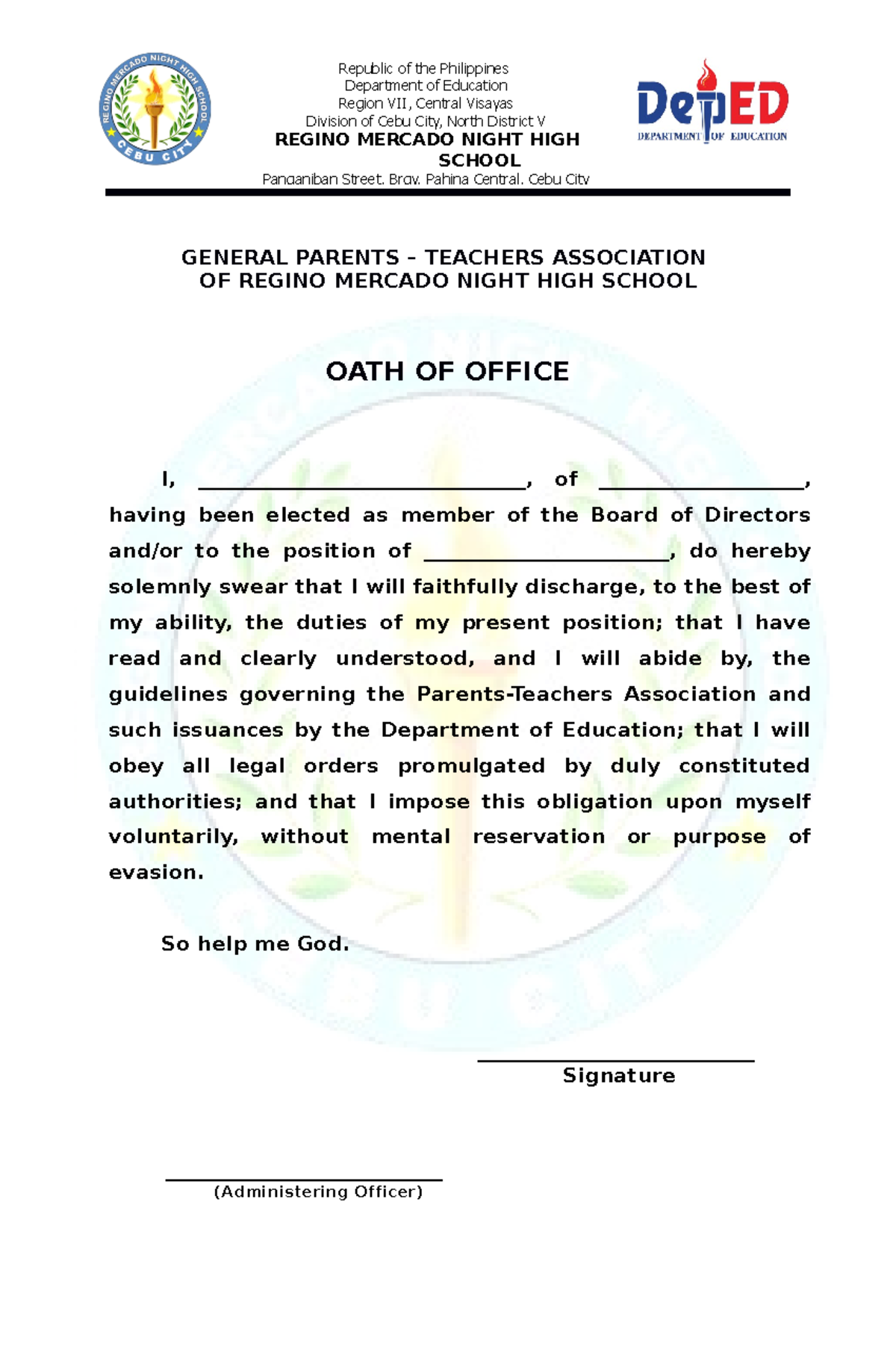 PTA OATH OF Office - GENERAL PARENTS – TEACHERS ASSOCIATION OF REGINO ...