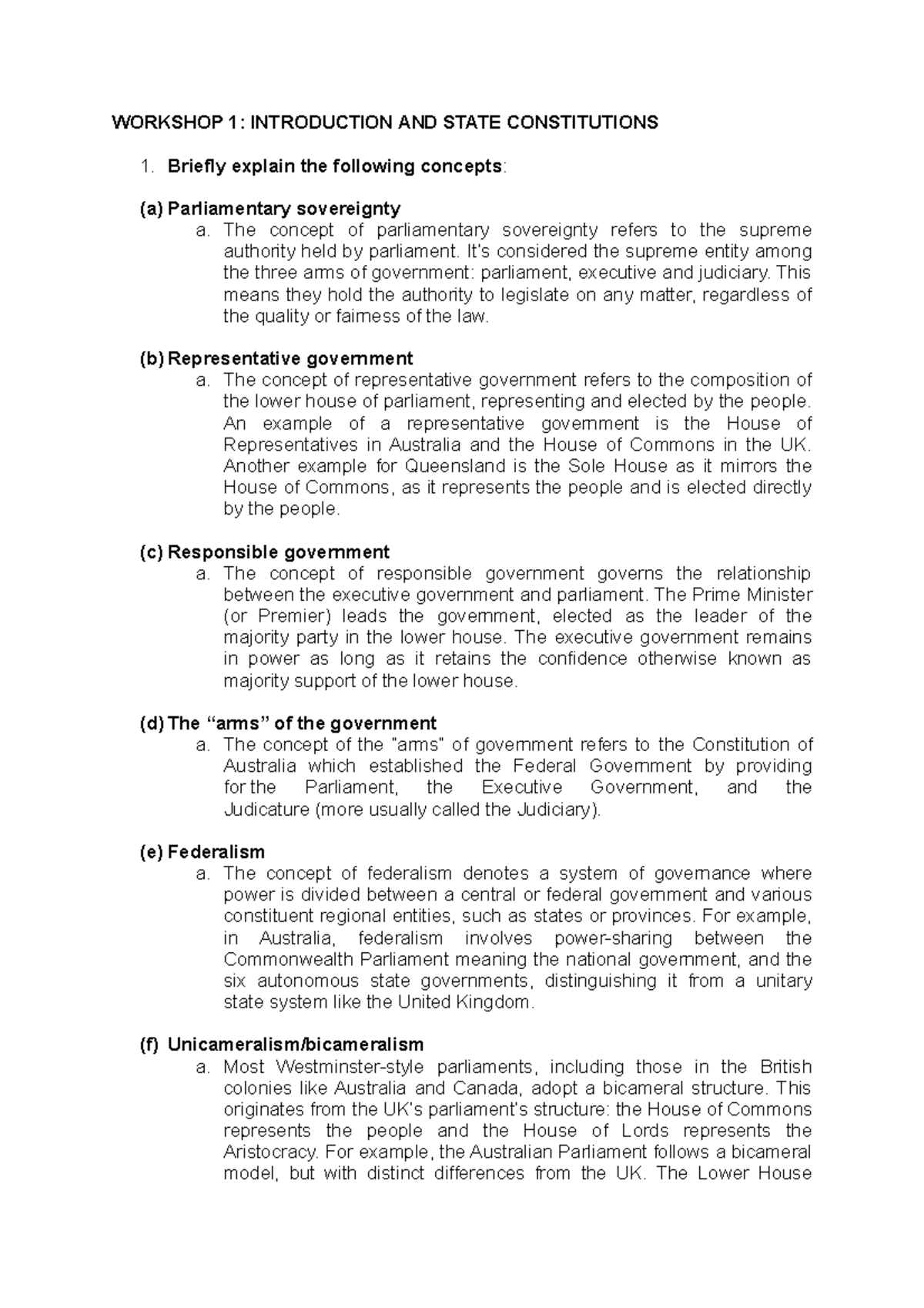 Workshop 1 Answers - WORKSHOP 1: INTRODUCTION AND STATE CONSTITUTIONS Briefly explain the ...