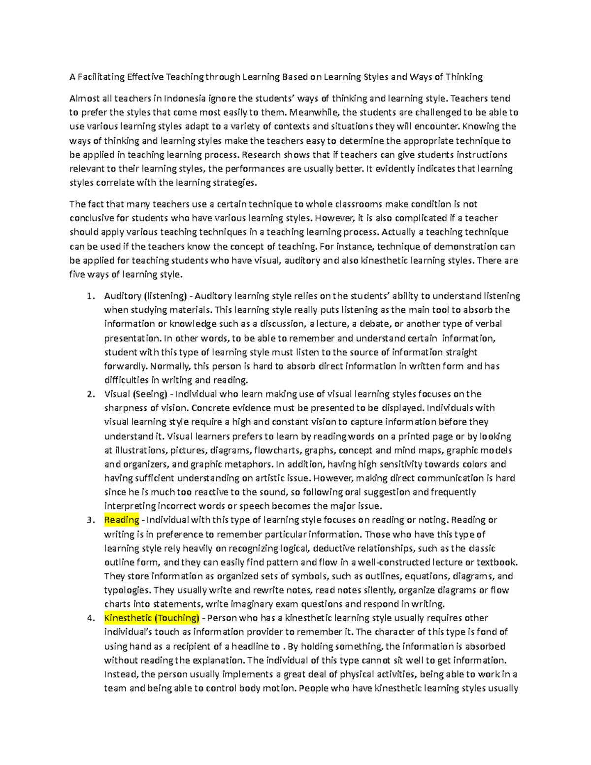 A Facilitating Effective Teaching through Learning Based on Learning ...