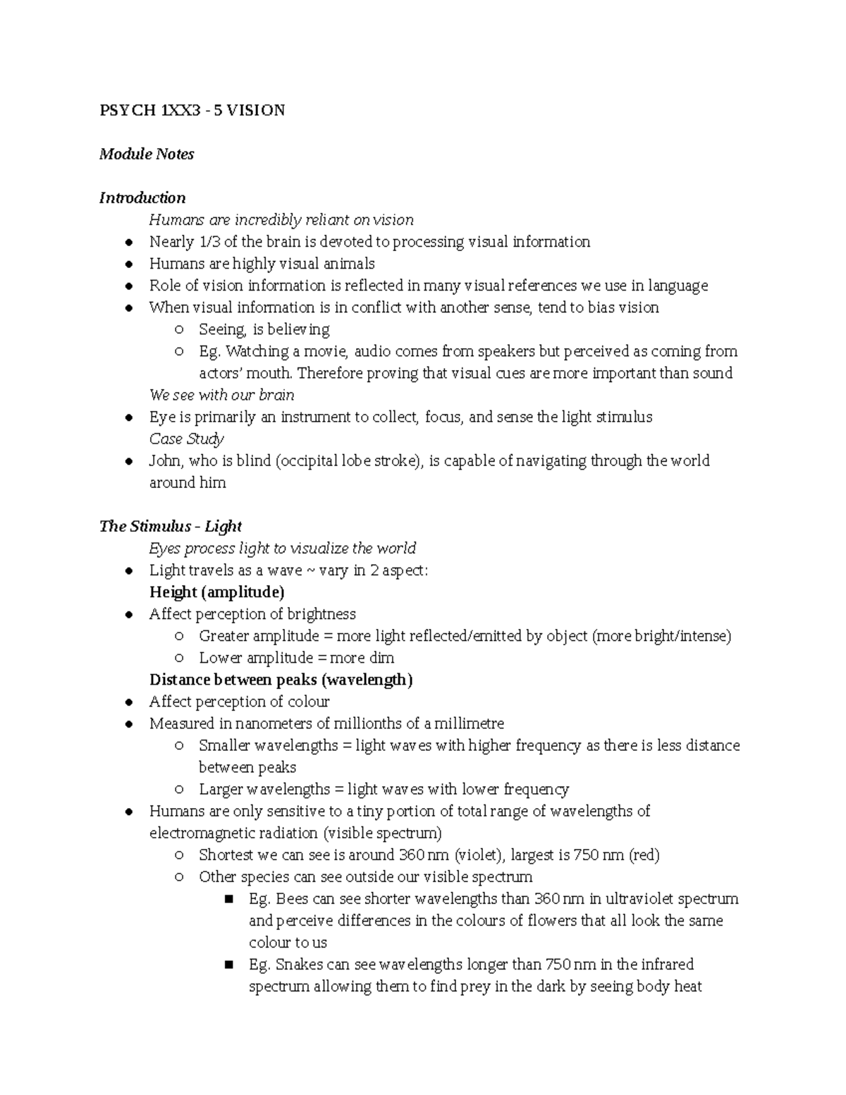Vision 1 and 2 notes - PSYCH 1XX3 - 5 VISION Module Notes Introduction ...