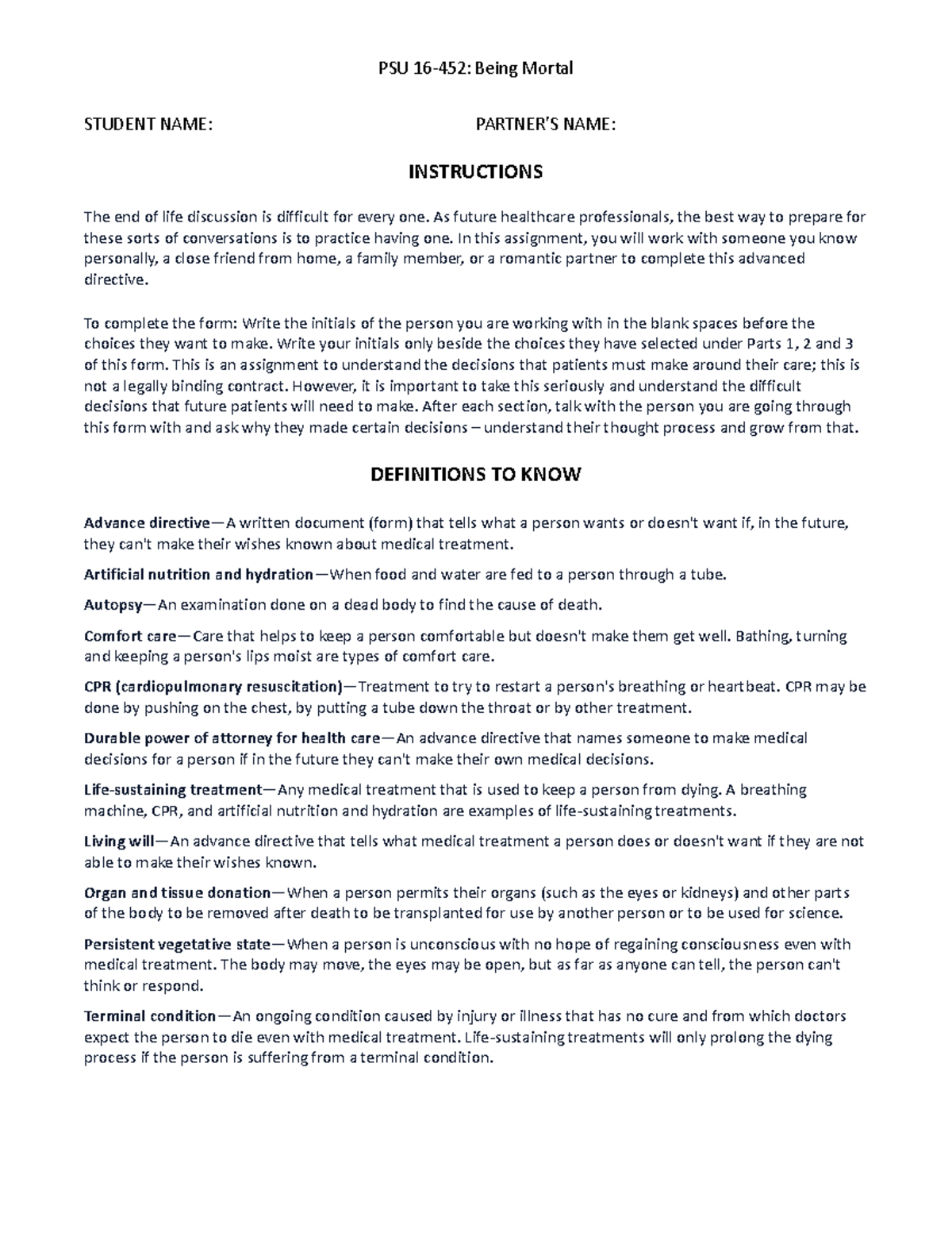 Advanced Directive Assignment - STUDENT NAME: PARTNER’S NAME ...