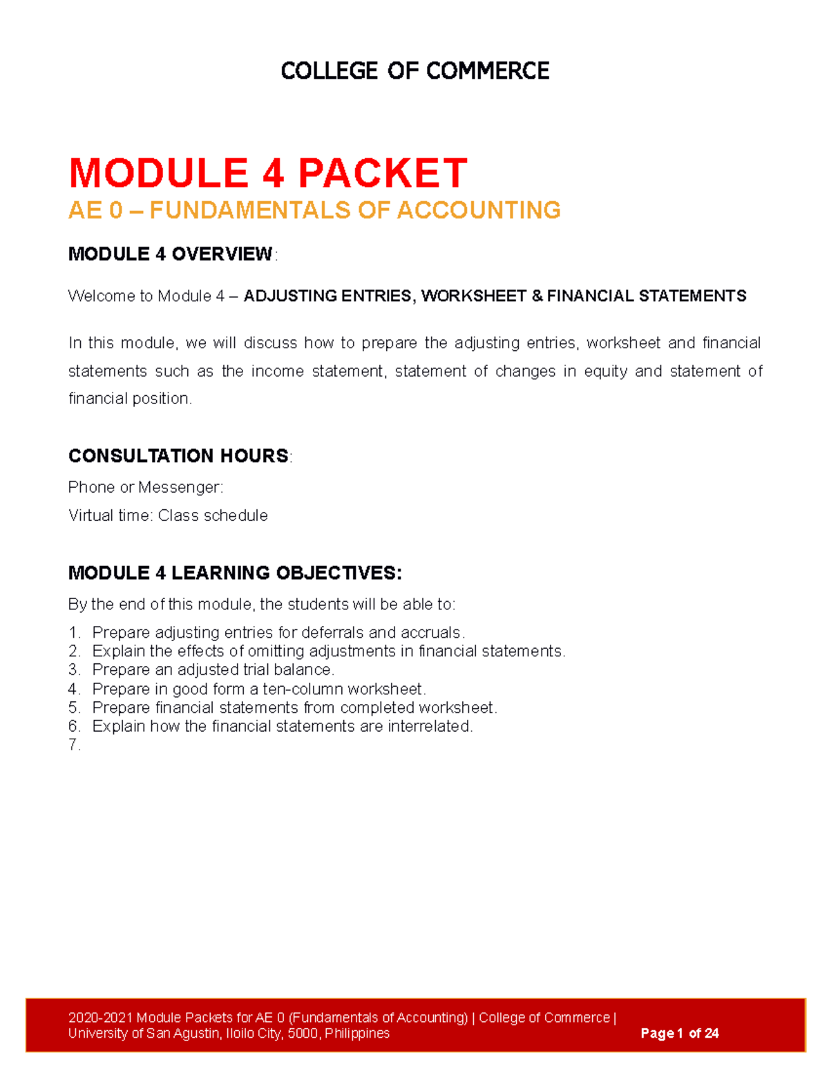 AE 0 Module 4 Adjusting Entries WSFS 1 - MODULE 4 PACKET AE 0 ...