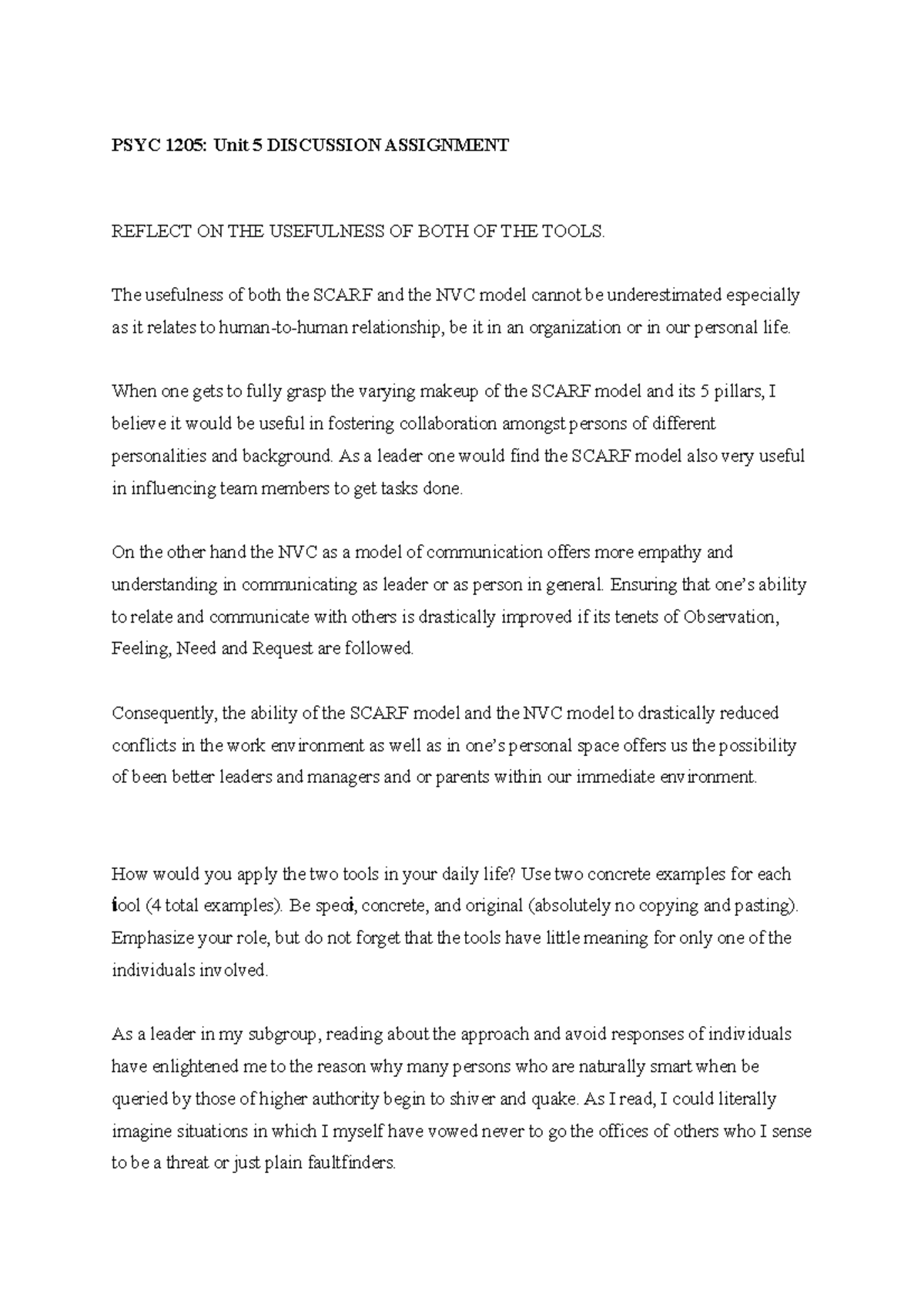 PSYC 1205 UNIT 5 DF Assignment Number 2 - PSYC 1205: Unit 5 DISCUSSION ASSIGNMENT REFLECT ON THE ...