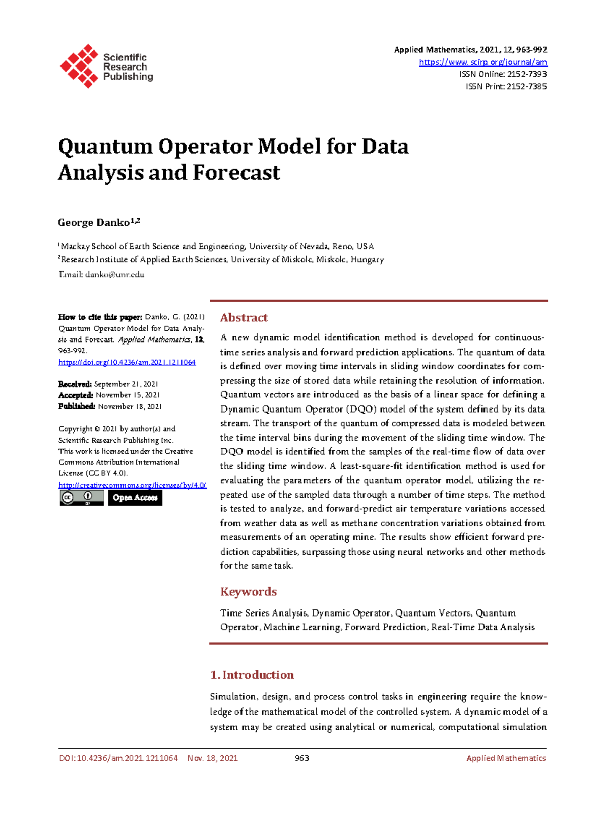 Quantum Operator Model for Data Analysis and Forec - Applied ...