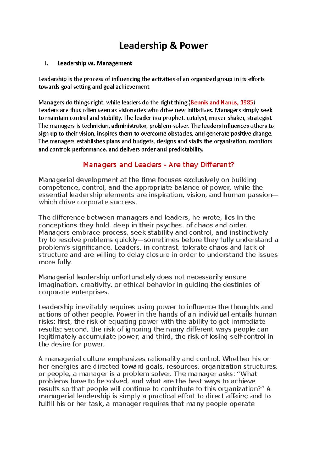 Leadership - Lecture Notes - Leadership & Power I. Leadership vs ...