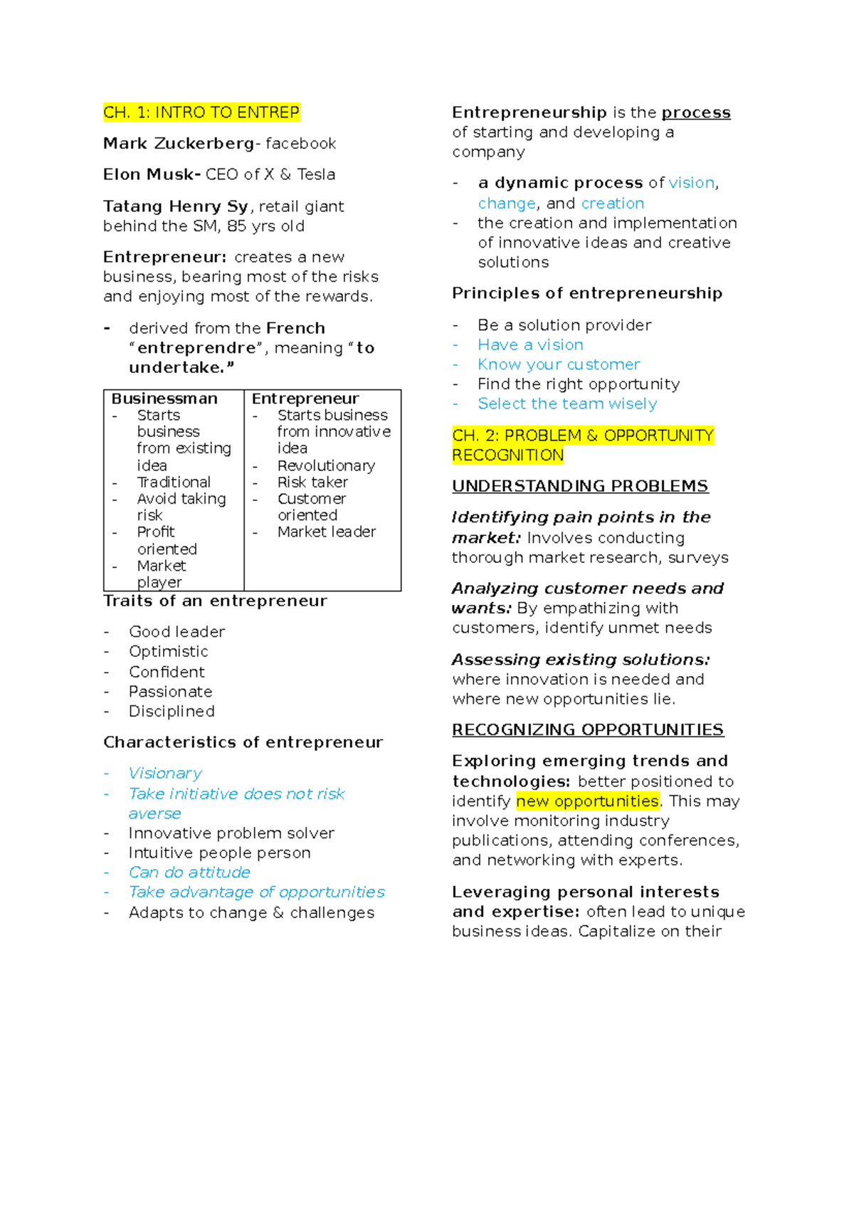 Entrep - Summary BS Accountancy - CH. 1: INTRO TO ENTREP Mark ...