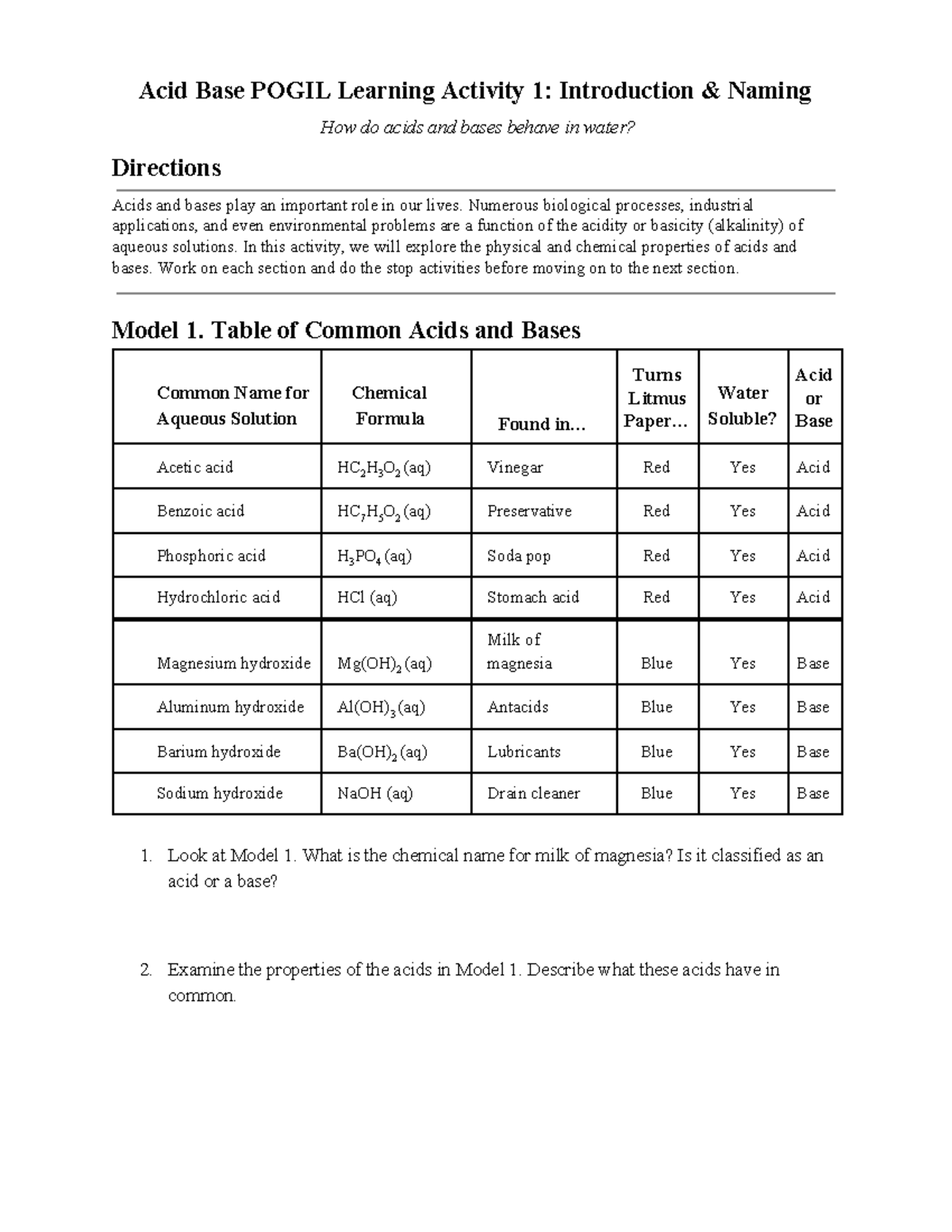 Acids and bases pogils - ...... - Acid Base POGIL Learning Activity 1 ...