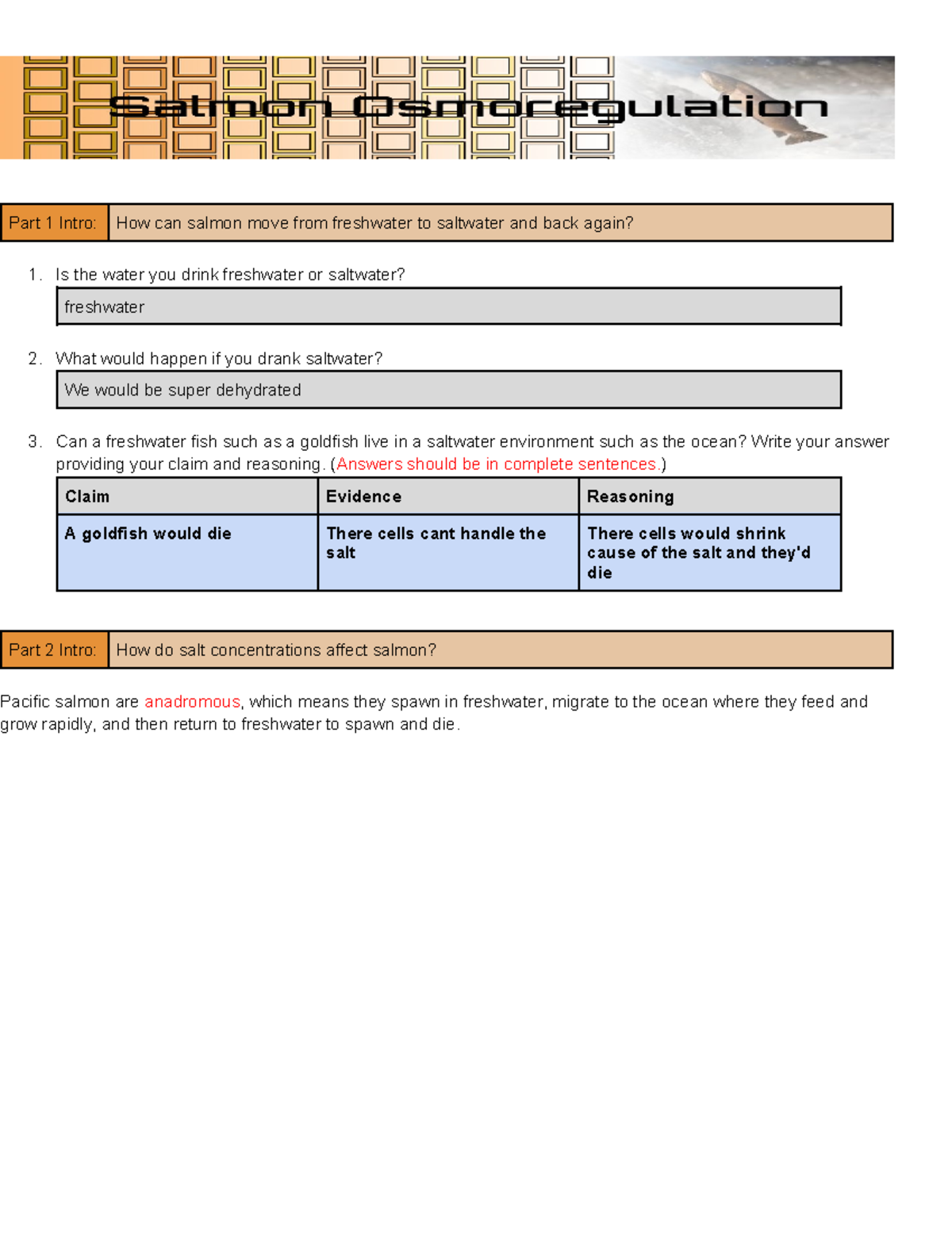 Salmon Osmoregulation Student Worksheet-1 - Part 1 Intro: How can ...