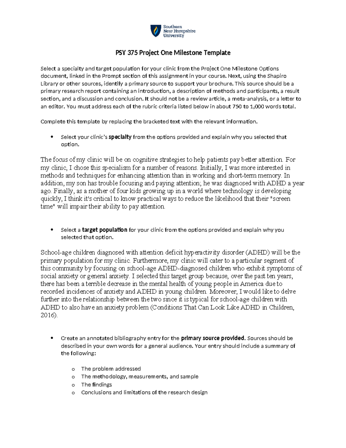 PSY 375 Project One Milestone Template done - PSY 375 Project One Milestone Template Select a ...