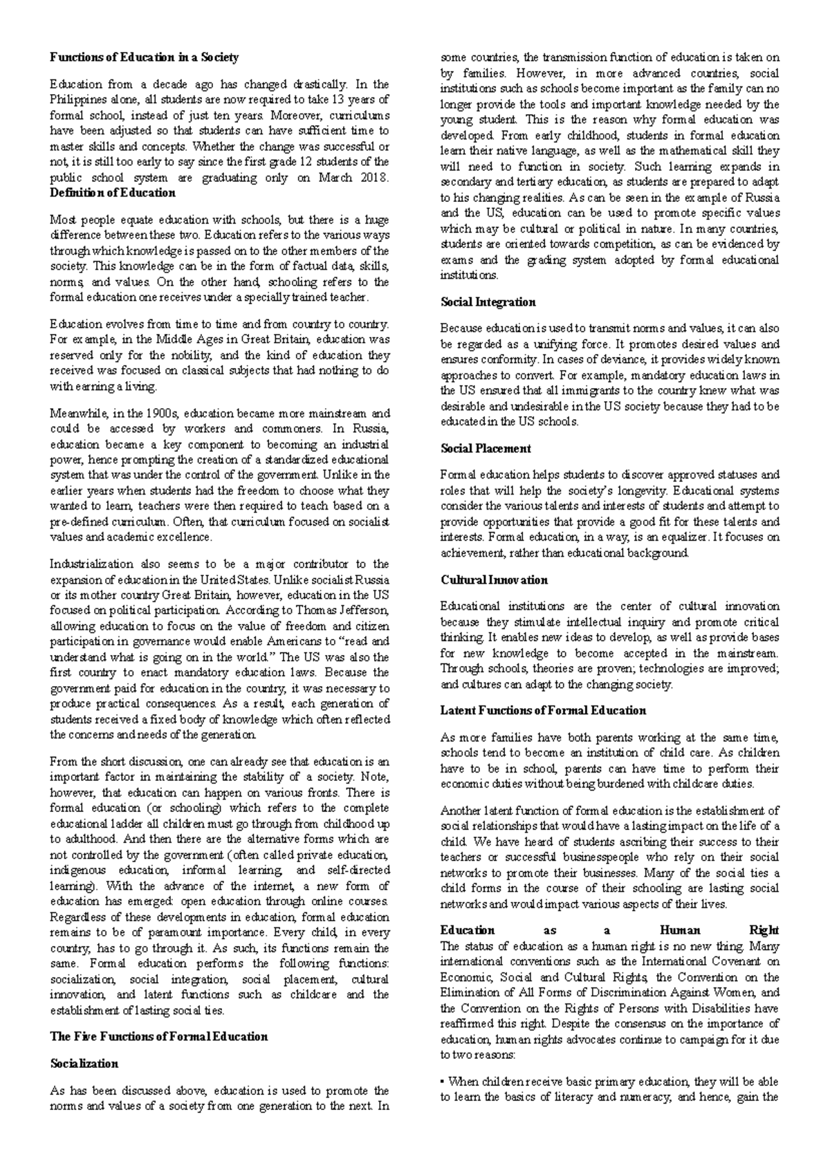 Functions of Education in a Society - Functions of Education in a ...