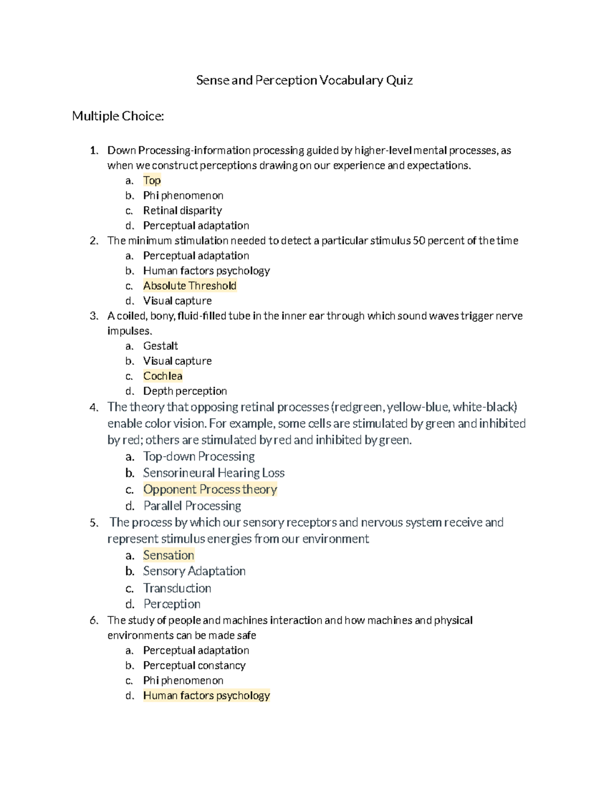 Sense and Perception Vocabulary Quiz - Sense and Perception Vocabulary ...