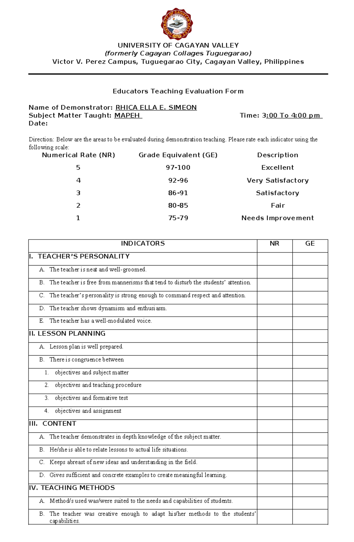 DEMO- Teaching- Evaluation-TOOL- FORM - UNIVERSITY OF CAGAYAN VALLEY ...