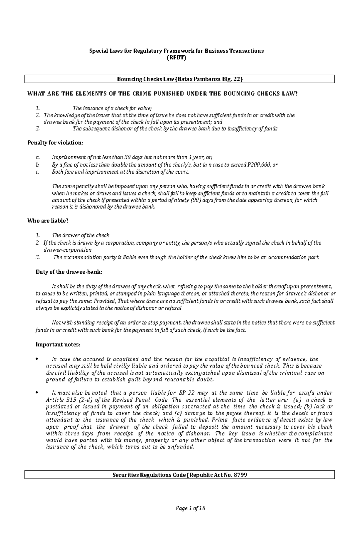 RFBT Special Law Handouts - Special Laws for Regulatory Framework for ...
