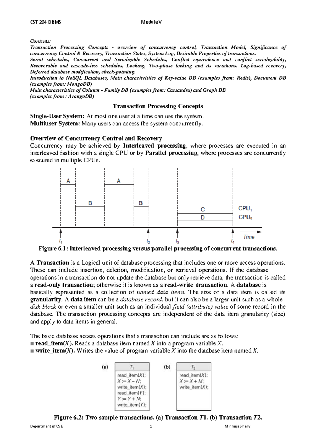 Module V - Need - Contents: Transaction Processing Concepts - overview of concurrency control ...