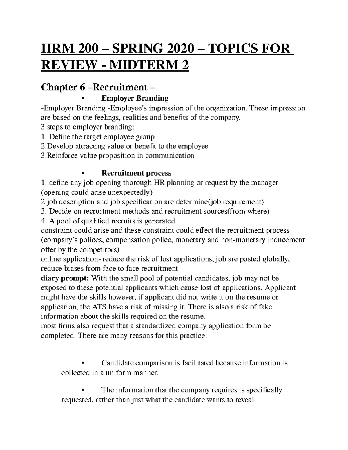 HRM 200 - FAll 2020 - Midterm 2 - Review - HRM 200 – SPRING 2020 ...