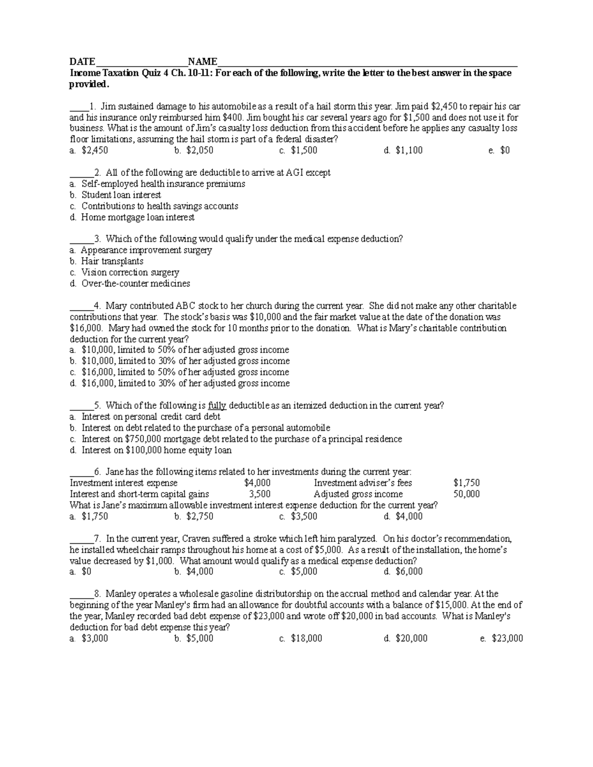Tax Quiz 4 Sp 2020 Ch. 10-11(1) - - Studocu