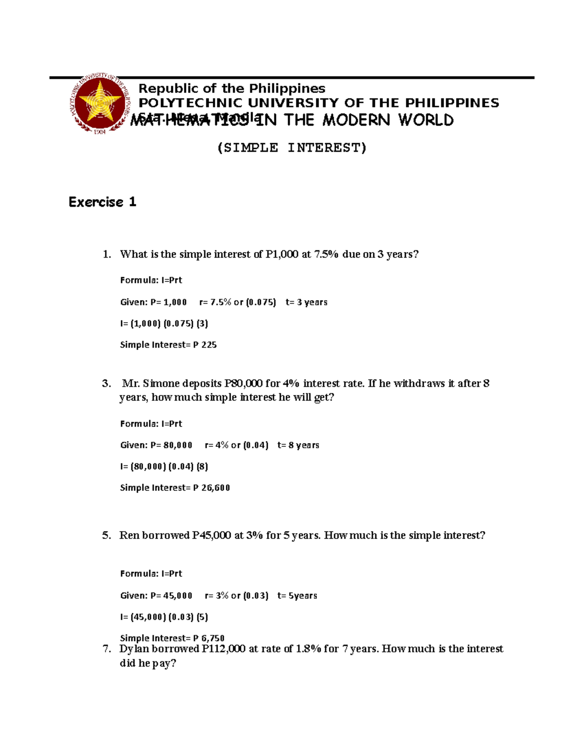 Simple Interest MATHEMATICS IN THE MODERN WORLD MATHEMATICS IN THE simple-interest-mathematics-in-the-modern-world-mathematics-in-the