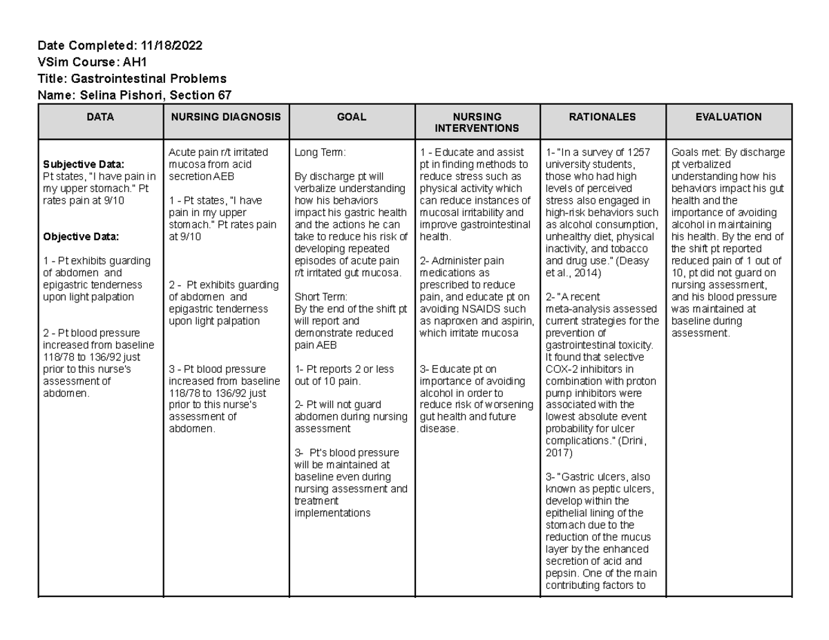 GI, Sepsis, HF, Resp - adult health - Date Completed: 11/18/ VSim ...