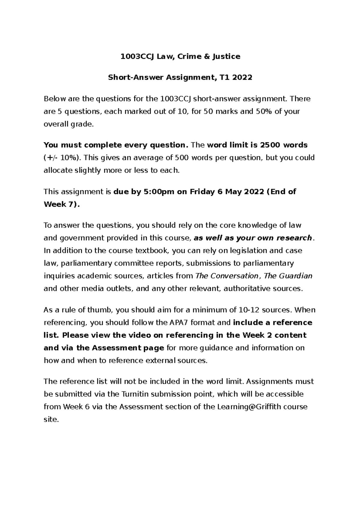 1003CCJ Law - 1003 Assessment - 1003CCJ Law, Crime & Justice Short ...