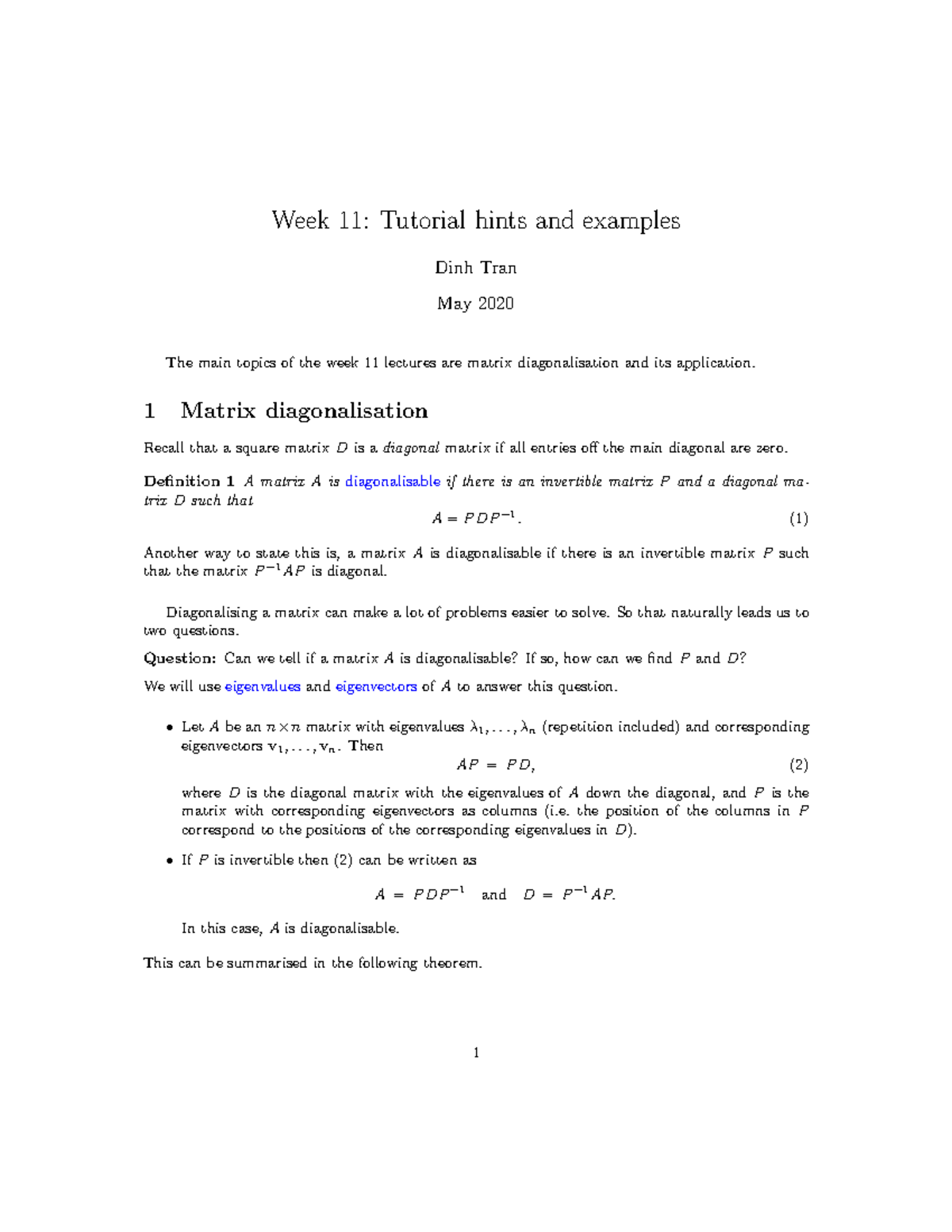 2022hints-12 - HINTS for math1002 - Week 11: Tutorial hints and examples Dinh Tran May 2020 The ...